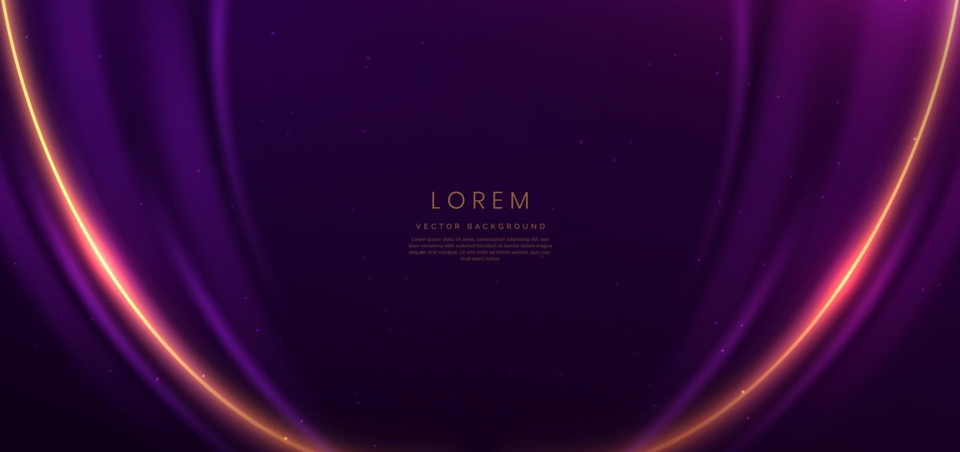 Abstract glowing gold curved lines on dark purple background with lighting effect and sparkle ...