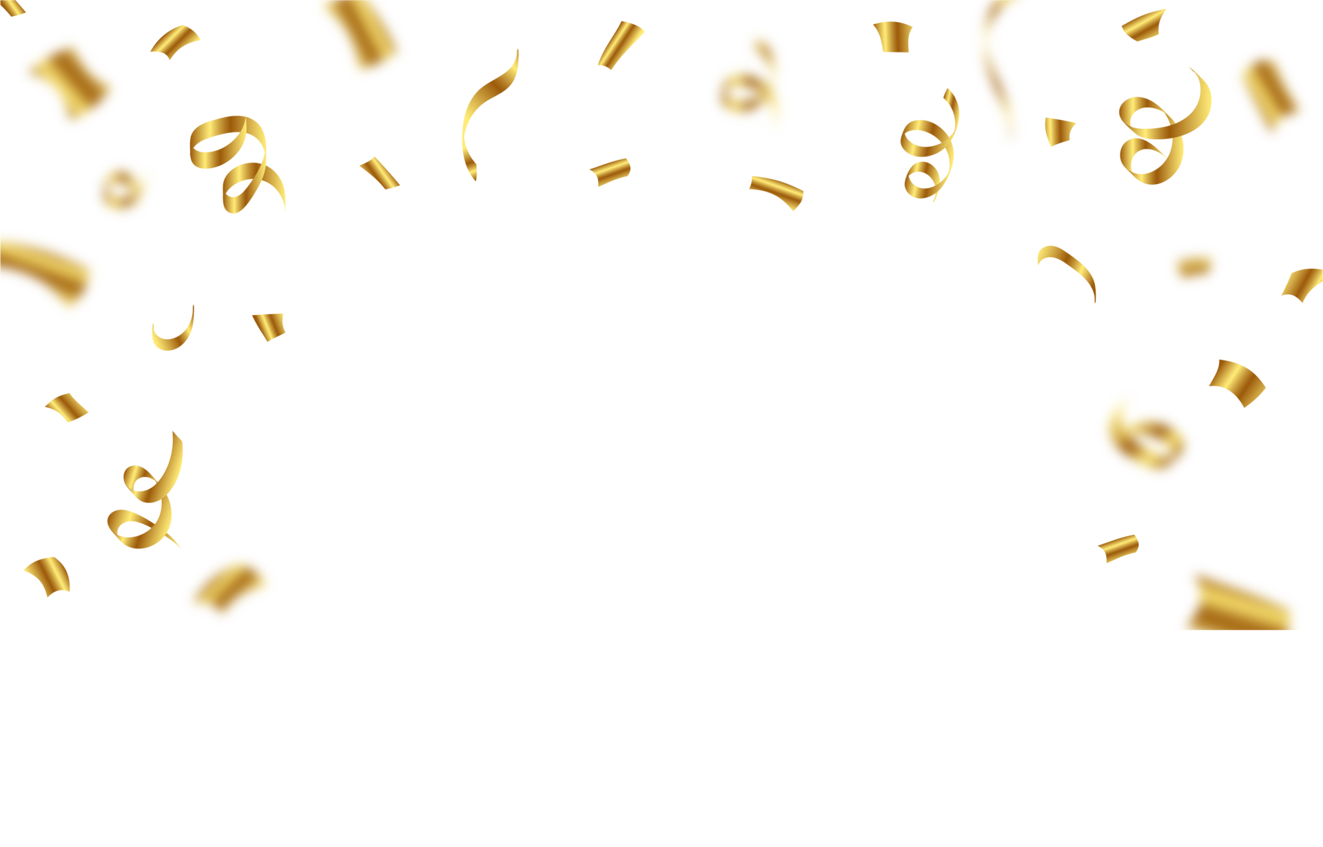 Golden confetti and ribbon falling isolated on transparent background. Anniversary and wedding ...