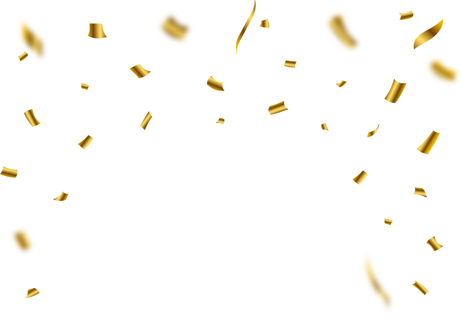 Golden confetti and ribbon falling isolated on a transparent background. Event and birthday ...