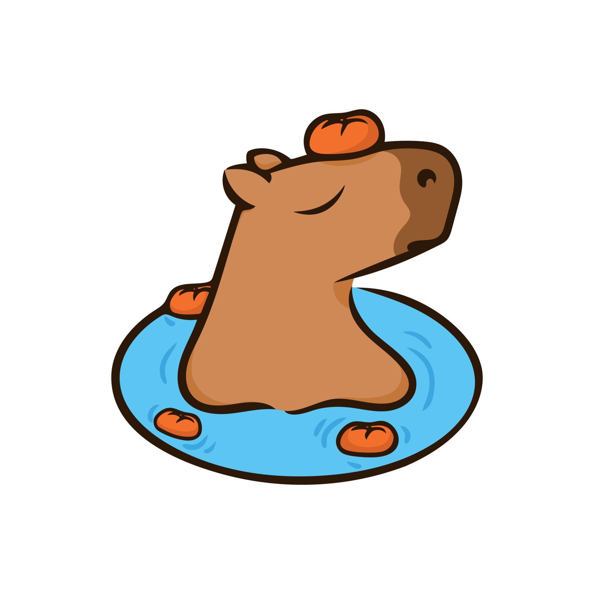 Relaxing capybara with tangerines. Vector illustration. Capybara in water. Image isolated on ...