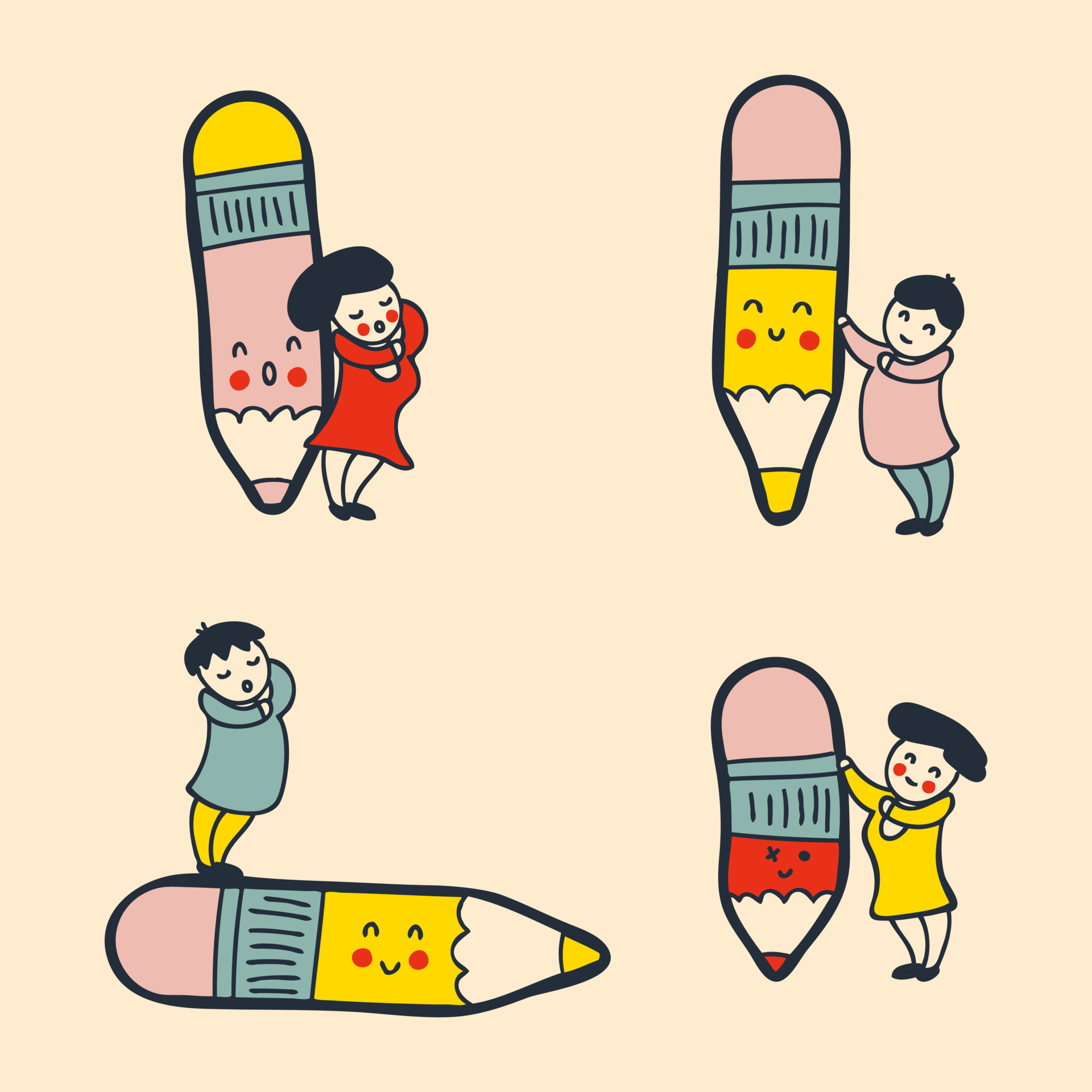 Cartoon standing people with a giant pencils collection. Drawing ...