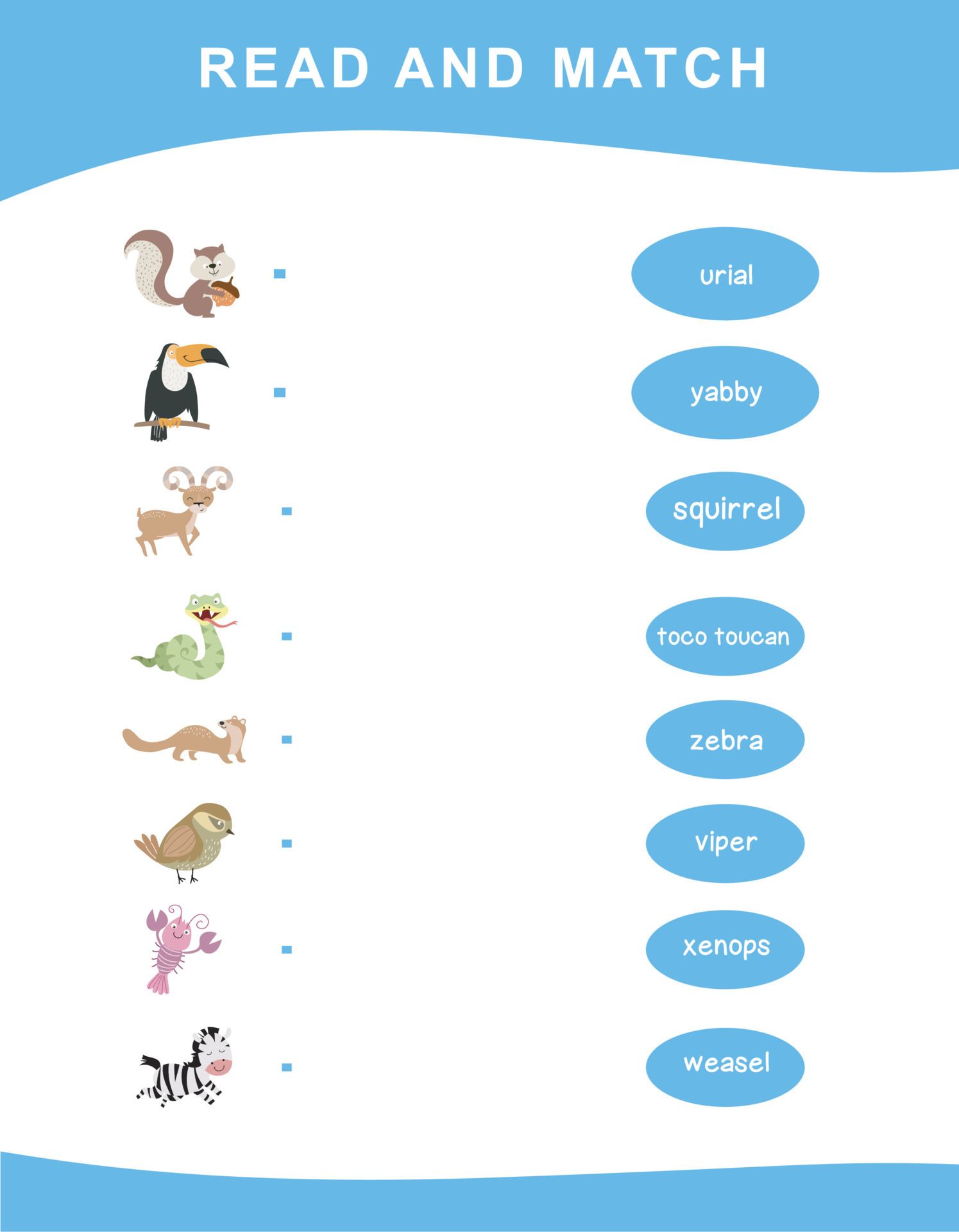 Read and match worksheet game. English alphabet with cartoon animals ...