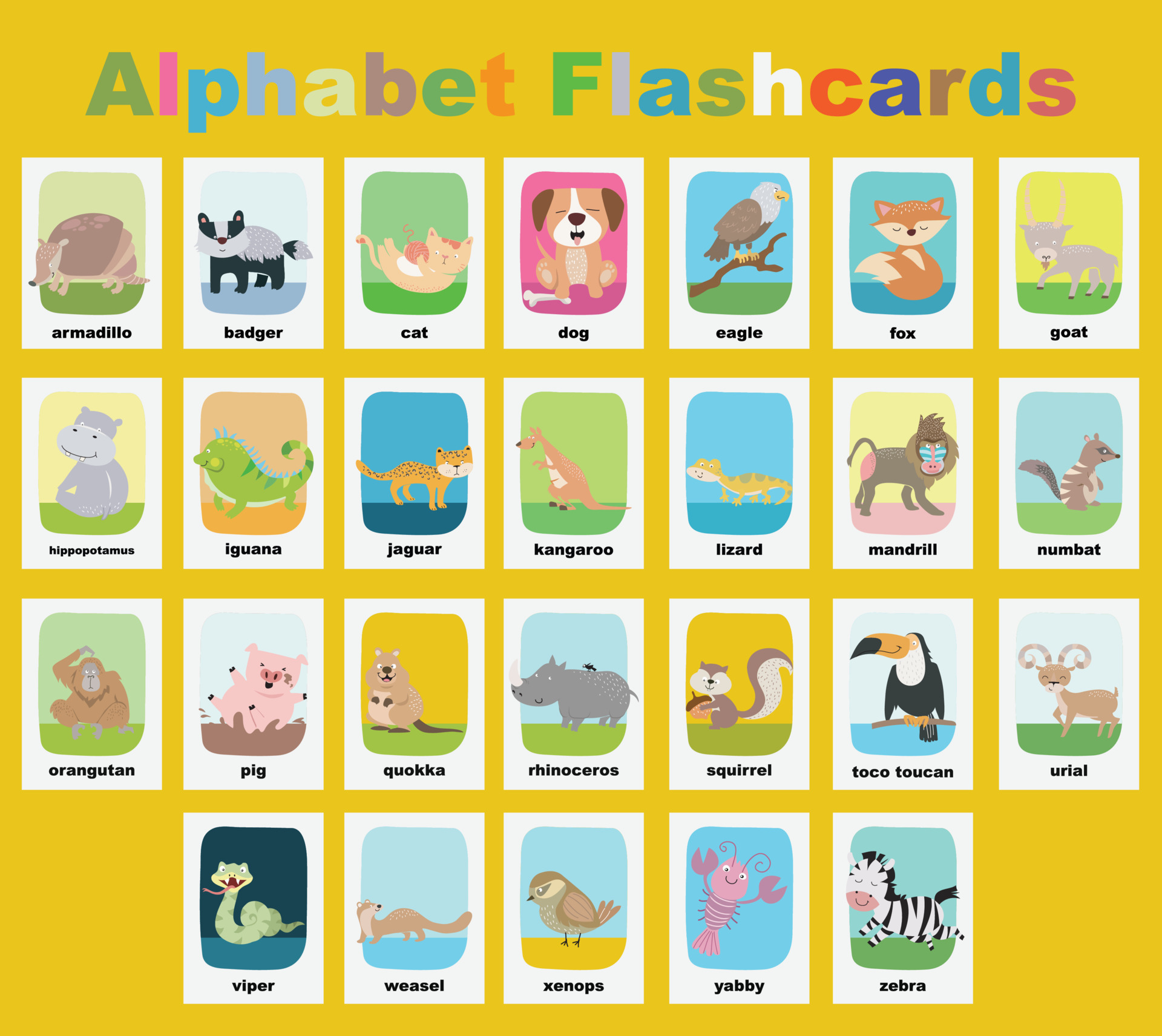 Animal alphabet flashcard. Educational printable flashcard. Vector illustrations. 23217462 ...