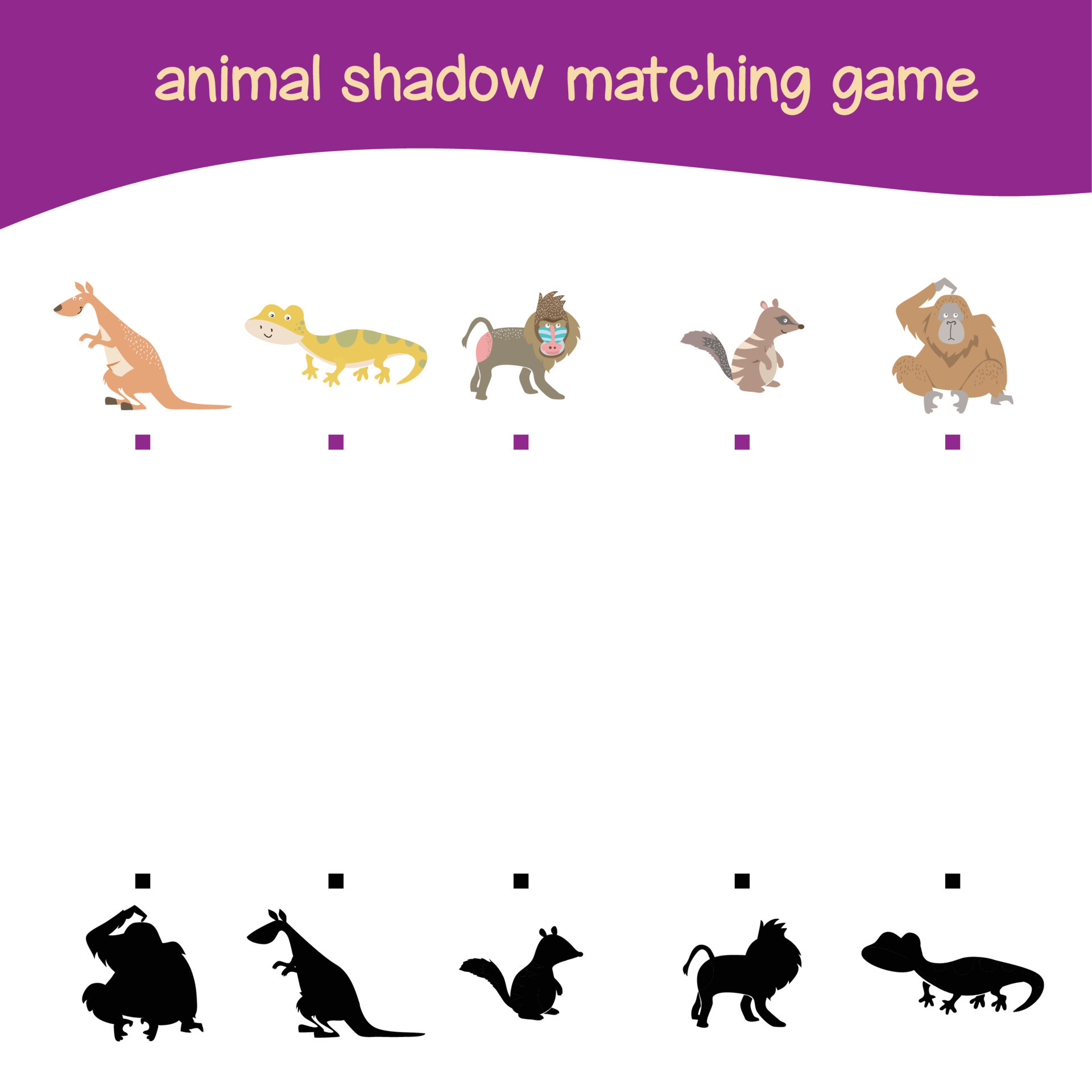 Find the correct shadow. Matching animal shadow game for children ...