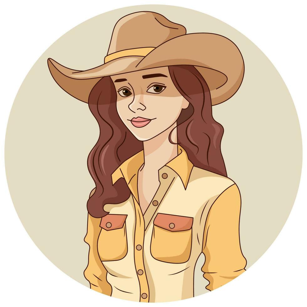 Cowgirl In A Hat Hand Drawn Vector Illustration Of Beautiful Young Woman In Cartoon Style