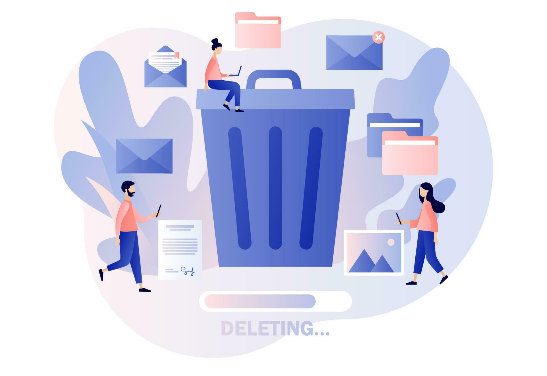 Delete concept. Tiny people deleting data and move unnecessary files to the big trash bin ...