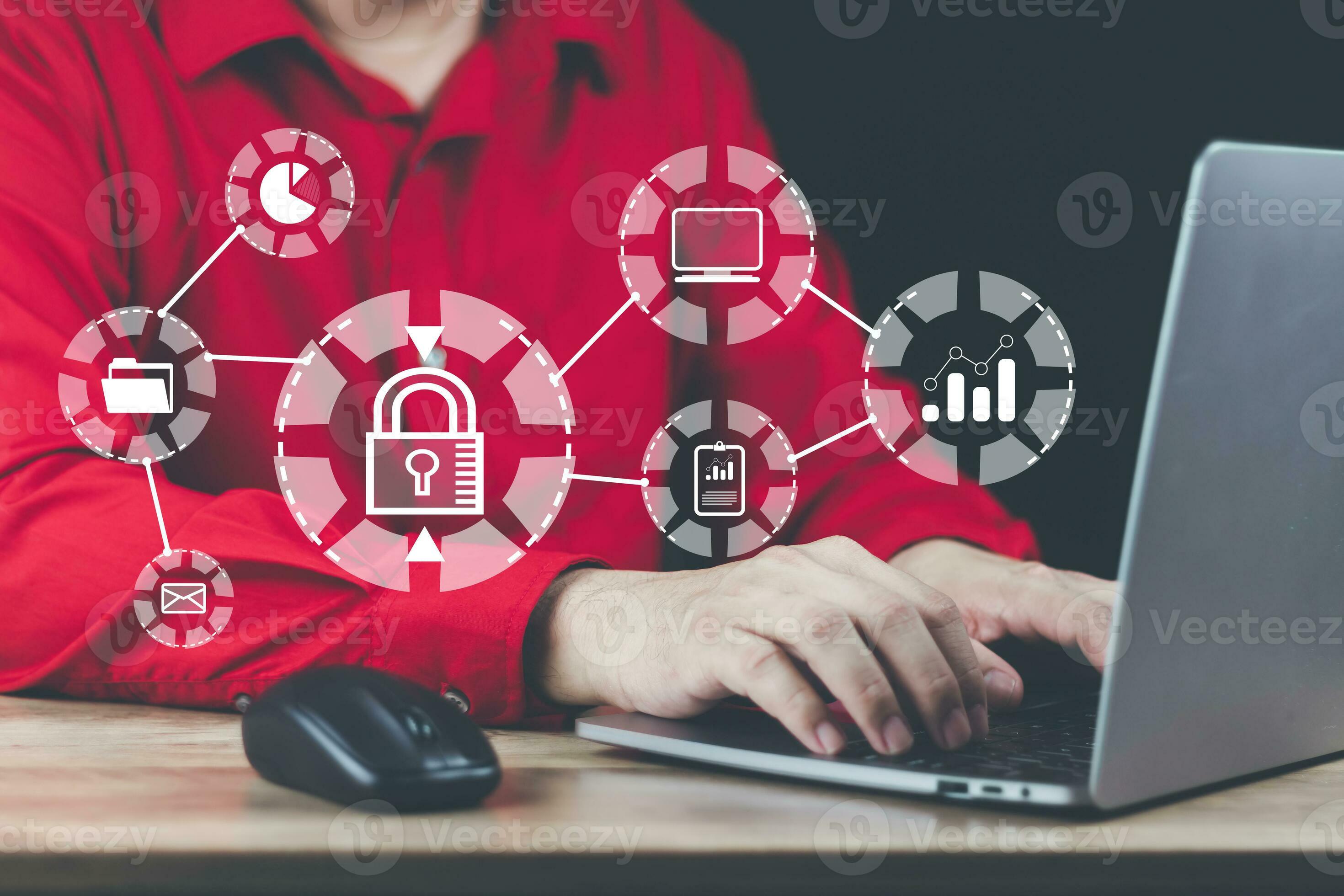 cyber security concept man using computer with internet connected protection and information ...