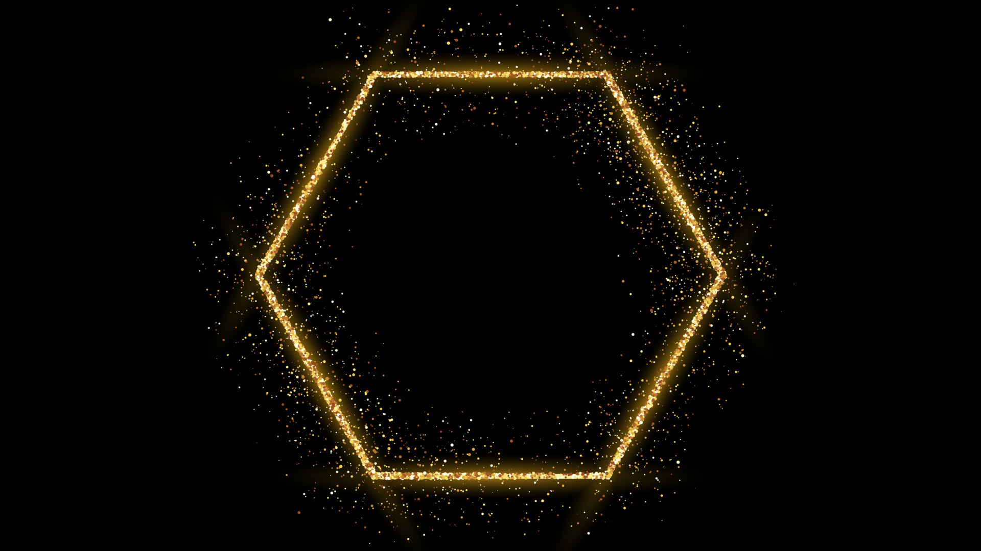 Golden hexagon frame with glitter, sparkles and flares on dark ...