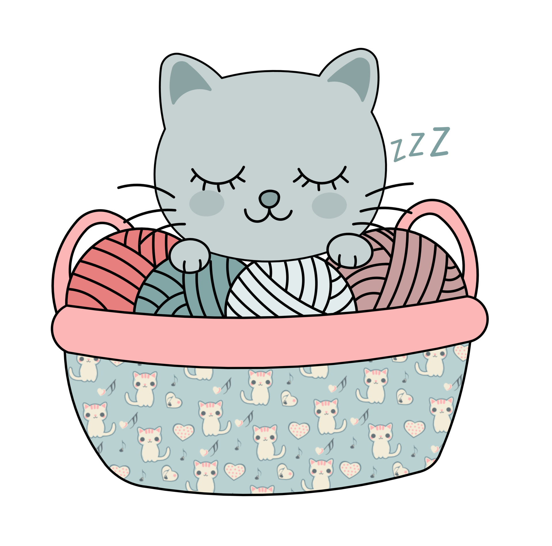 Cute Cat Sleeping In Basket With Yarn Balls 23220854 Png