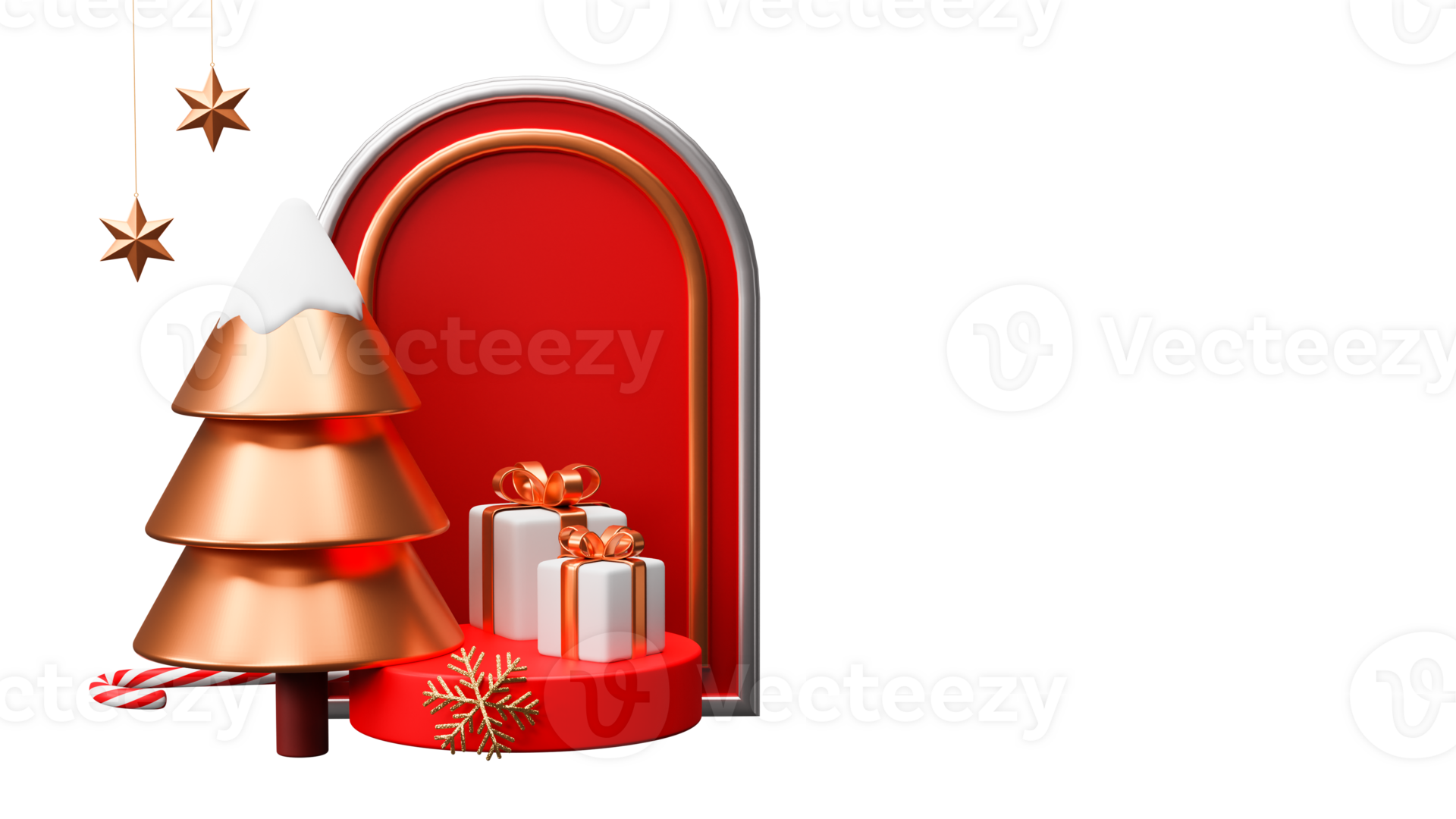 3D Render Copper Xmas Tree With Gift Boxes Over Podium, Glitter ... 3D Render Copper Xmas Tree With Gift Boxes Over Podium, Glitter ...