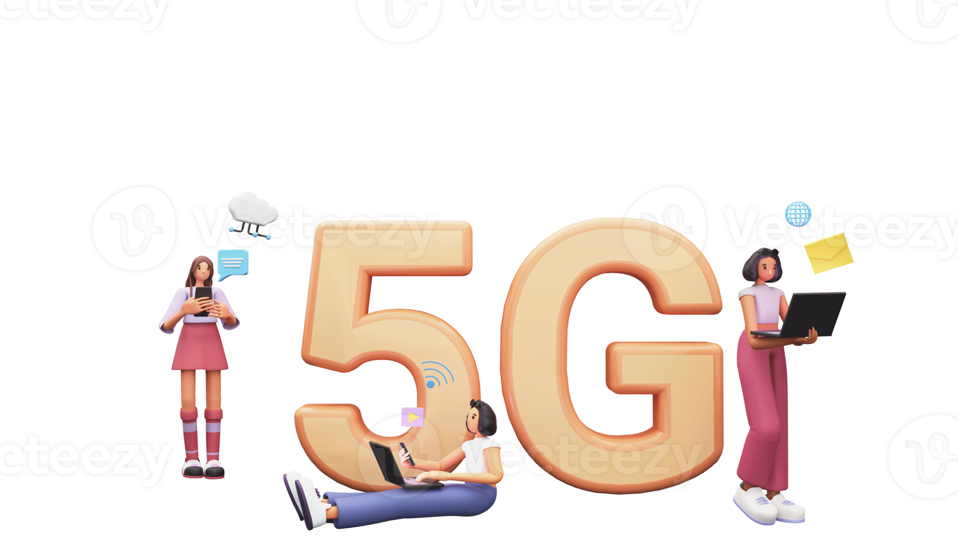 3D 5G Text With Young Women Using High Speed Internet In Devices. 23223392 PNG