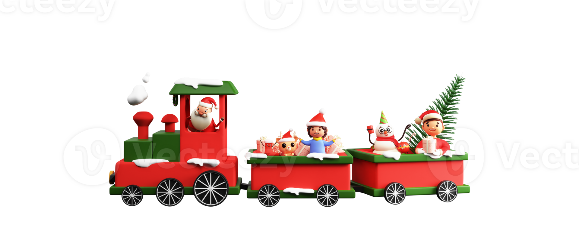 3D Render Santa Claus With Kids, Snowman, Reindeer Riding On Christmas ...