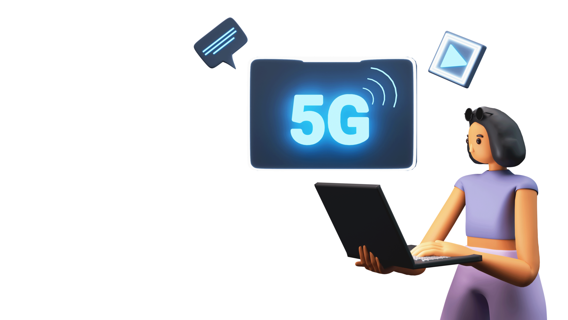 3D Render Of Young Girl Using Laptop Against Background For 5G Network ... 3D Render Of Young Girl Using Laptop Against Background For 5G Network ...