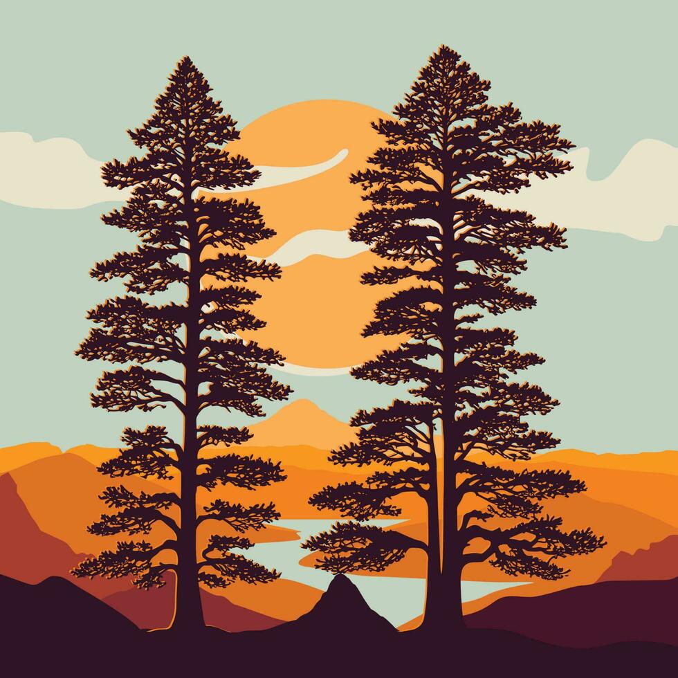 A landscape with two pine trees and a mountain in the background ...
