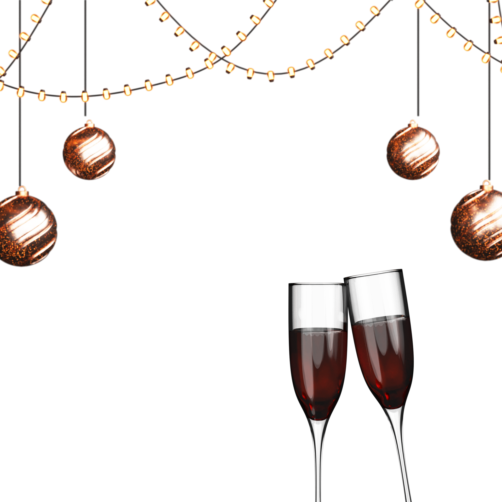 3d Champagne Glasses With Bronze Baubles Hang Lighting Garland Decorated Background And Copy