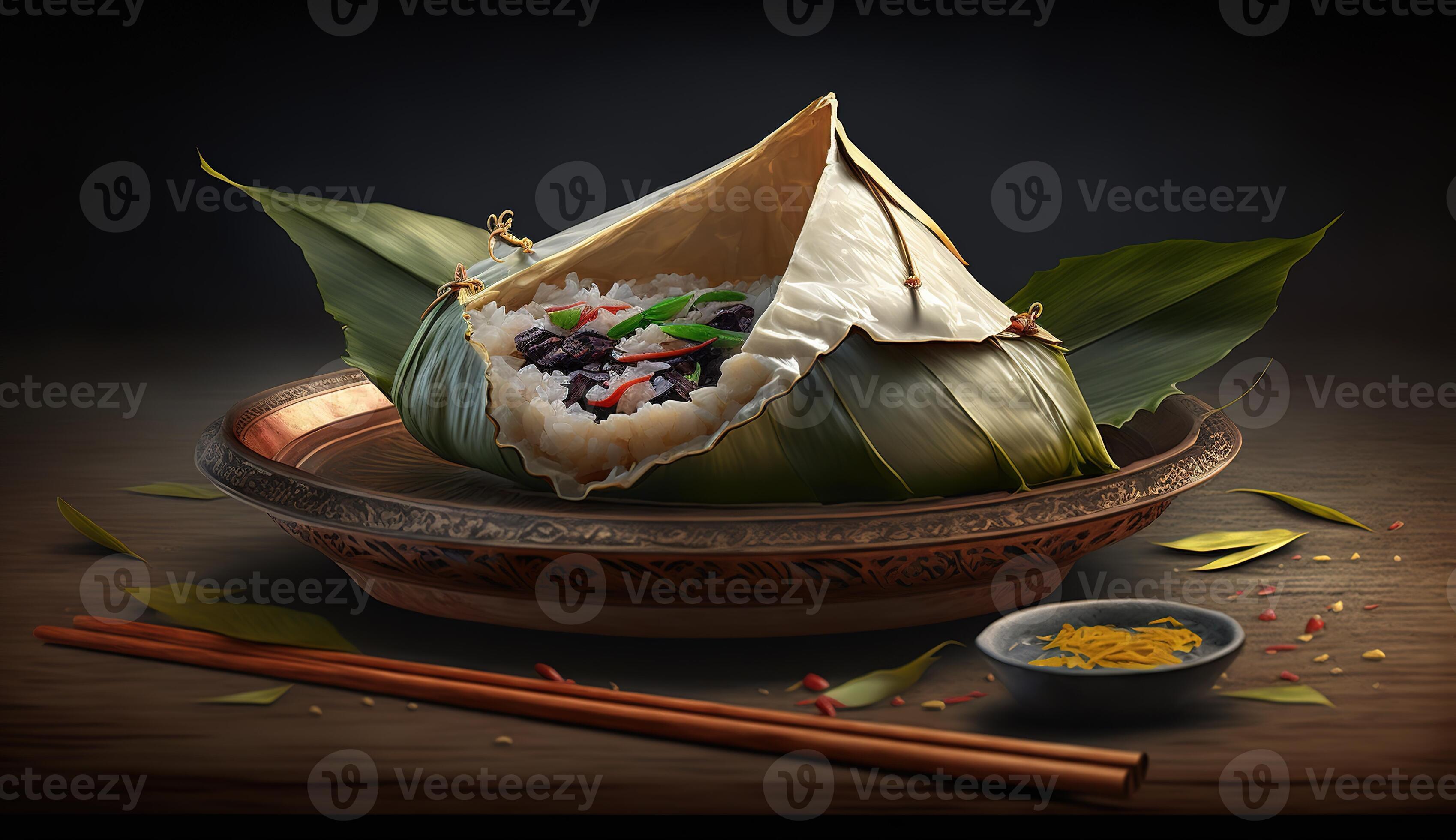 Zongzi. Rice dumpling for Chinese traditional Dragon Boat Festival Duanwu Festival. AI Generated ...