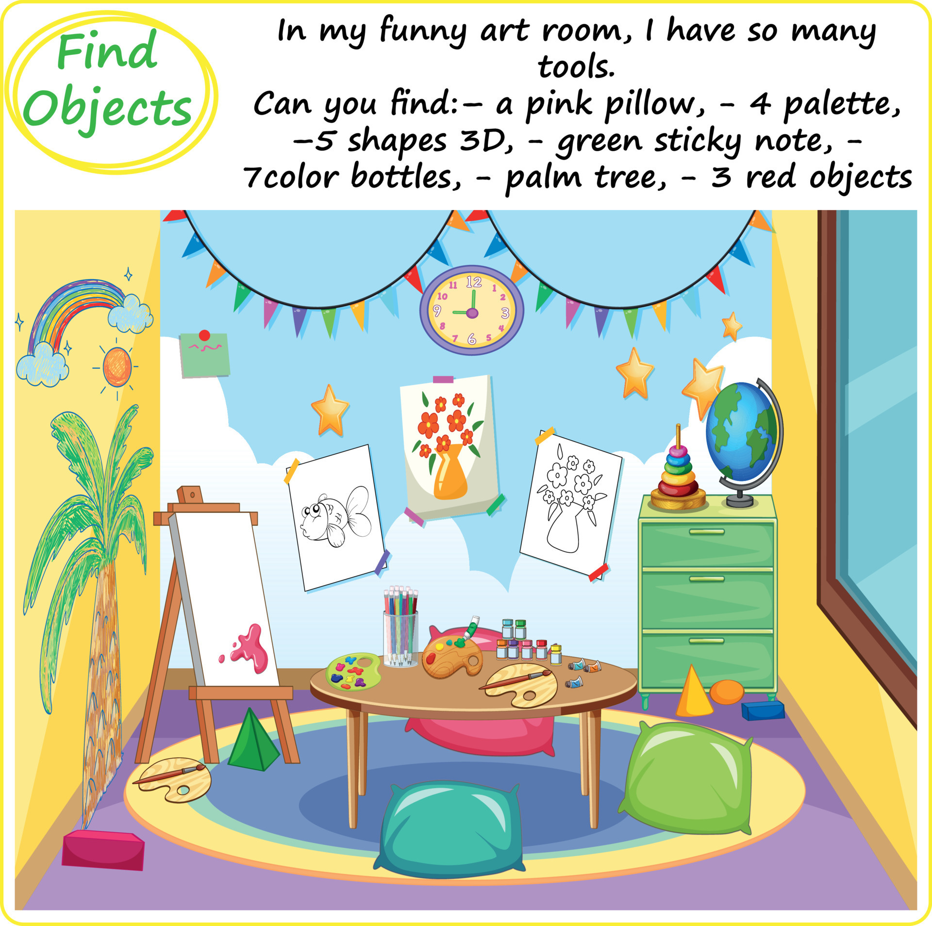 Find Objects Logical Printable Worksheet, Funny Cartoon, My Funny Art Room with so many tools ...