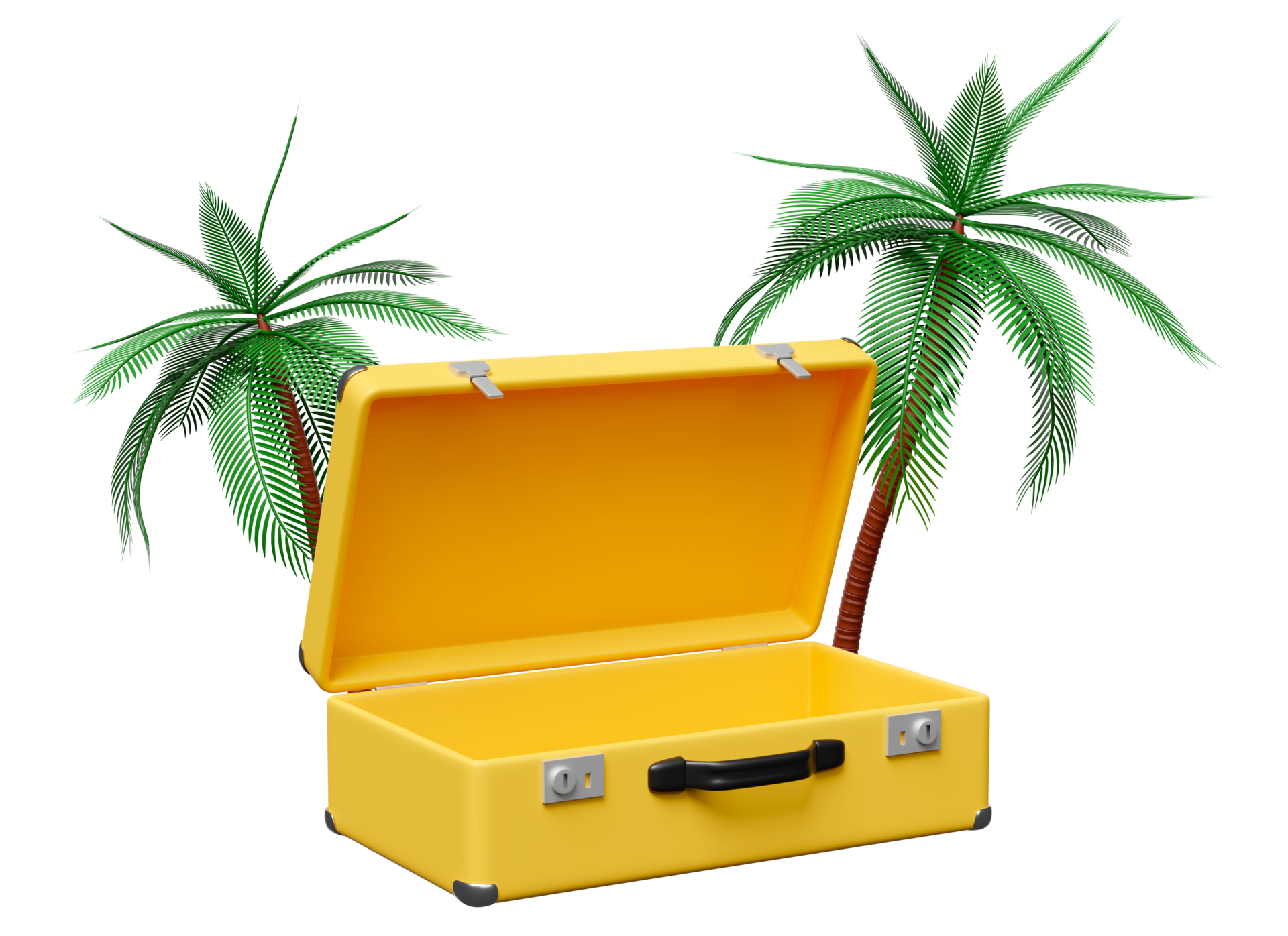 3d geel Open koffer leeg met palm boom geïsoleerd. zomer reizen concept, 3d geven illustratie ...