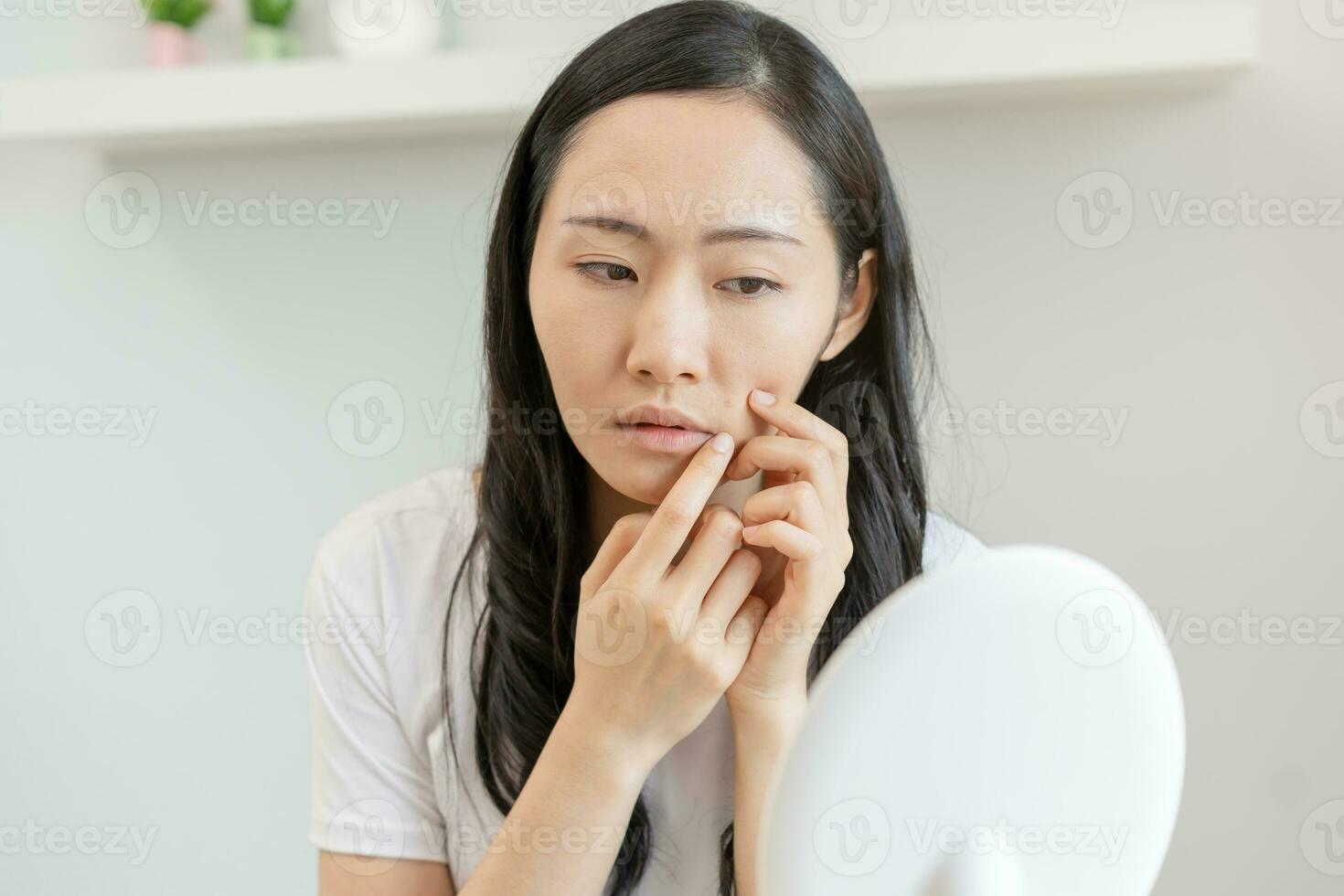 Dermatology Puberty Asian Young Woman Girl Looking Into Mirror