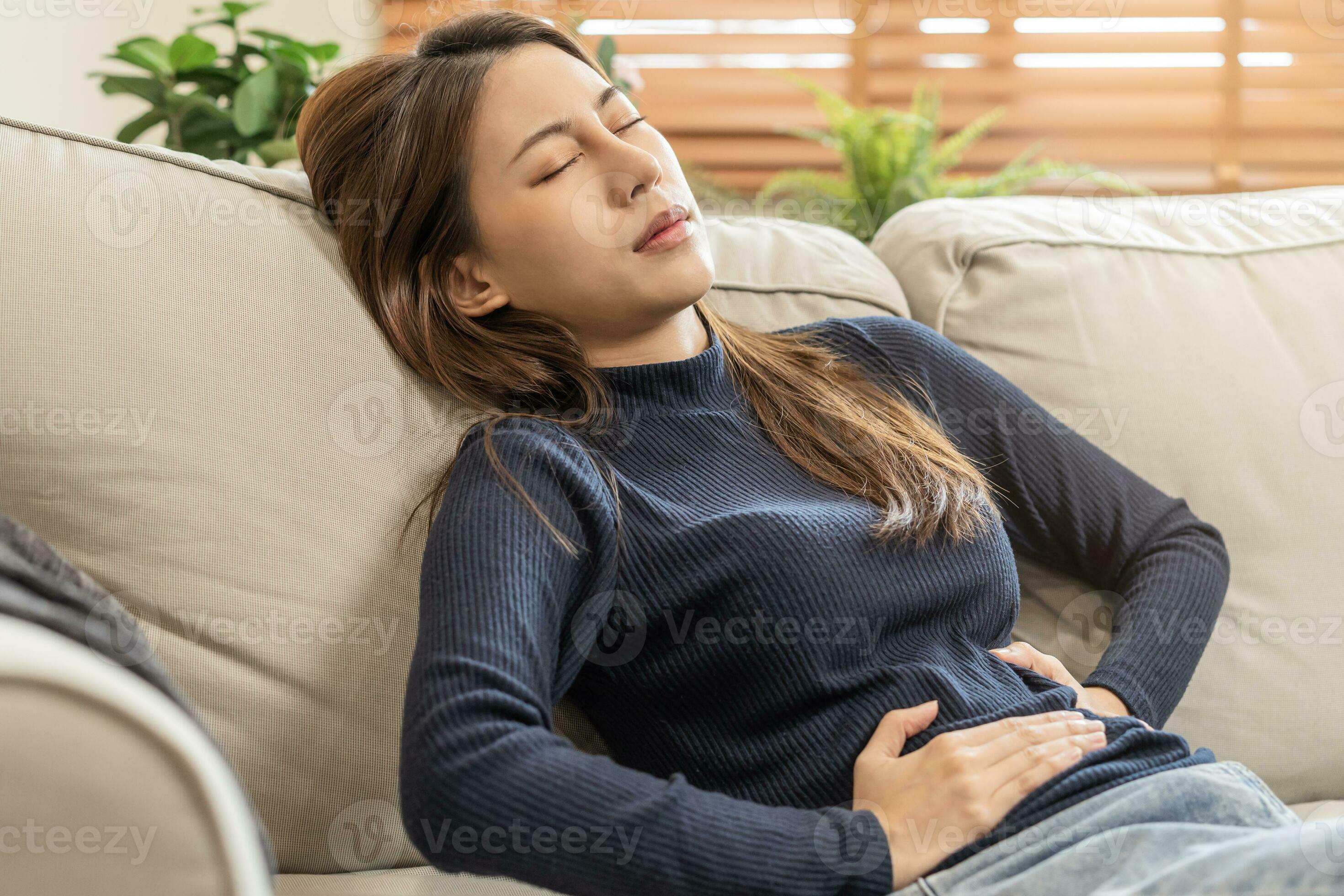 Flatulence Asian Young Woman Girl Hand In Stomach Ache Suffer From