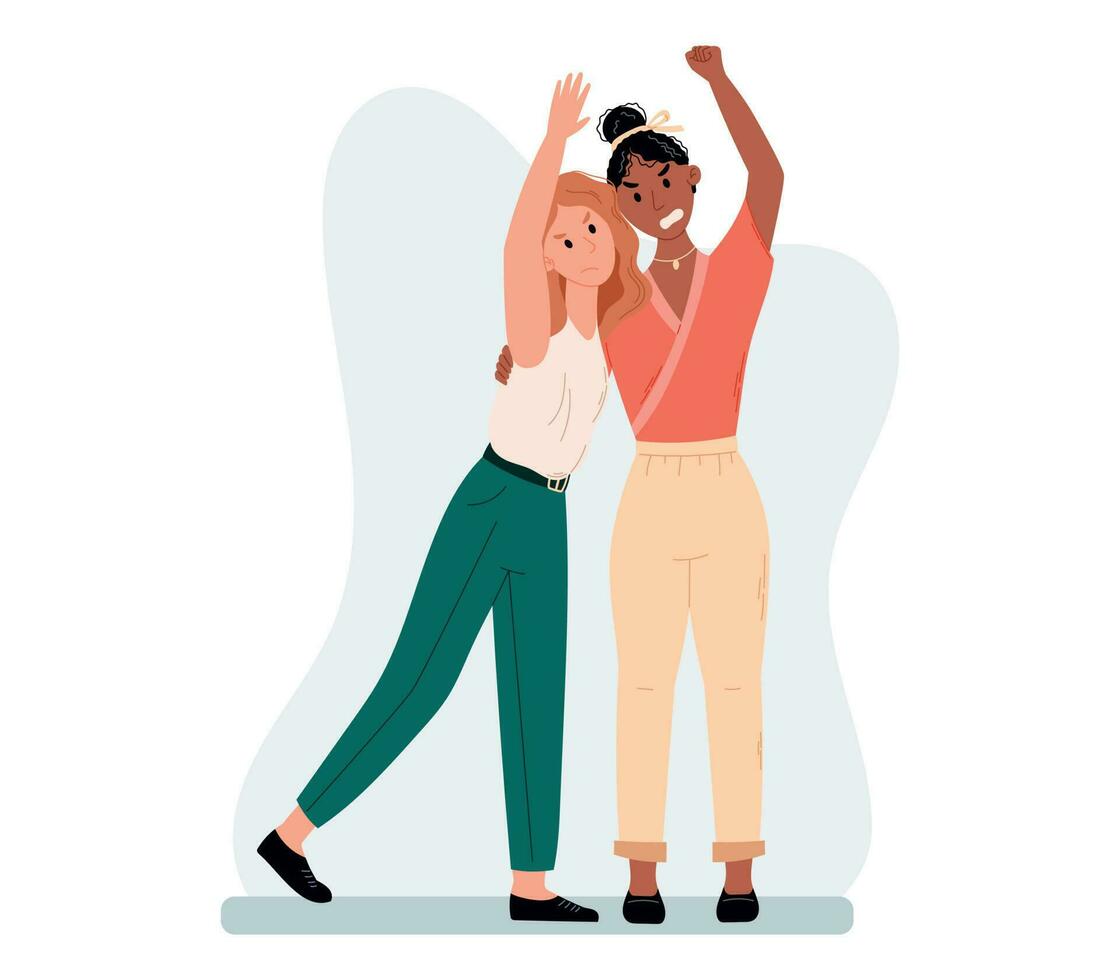 Two Flat Young Angry Protesting Women Cartoon Couple Hugging Girls At Social Rally Defending