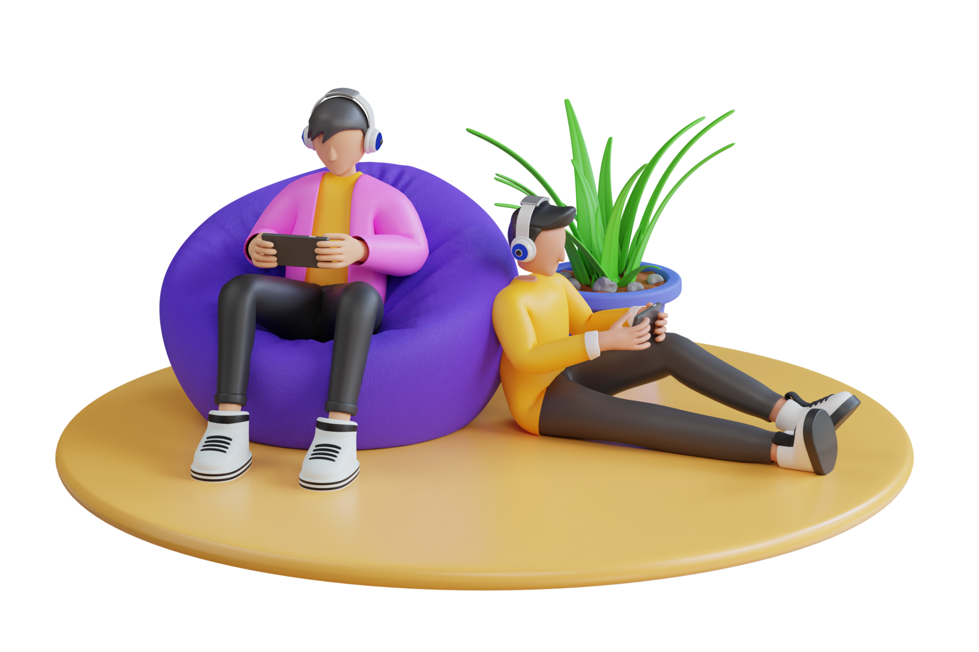 Man On Purple Bag Armchair Play Video Game With Gamepad And Headphones At Home Man Playing Game