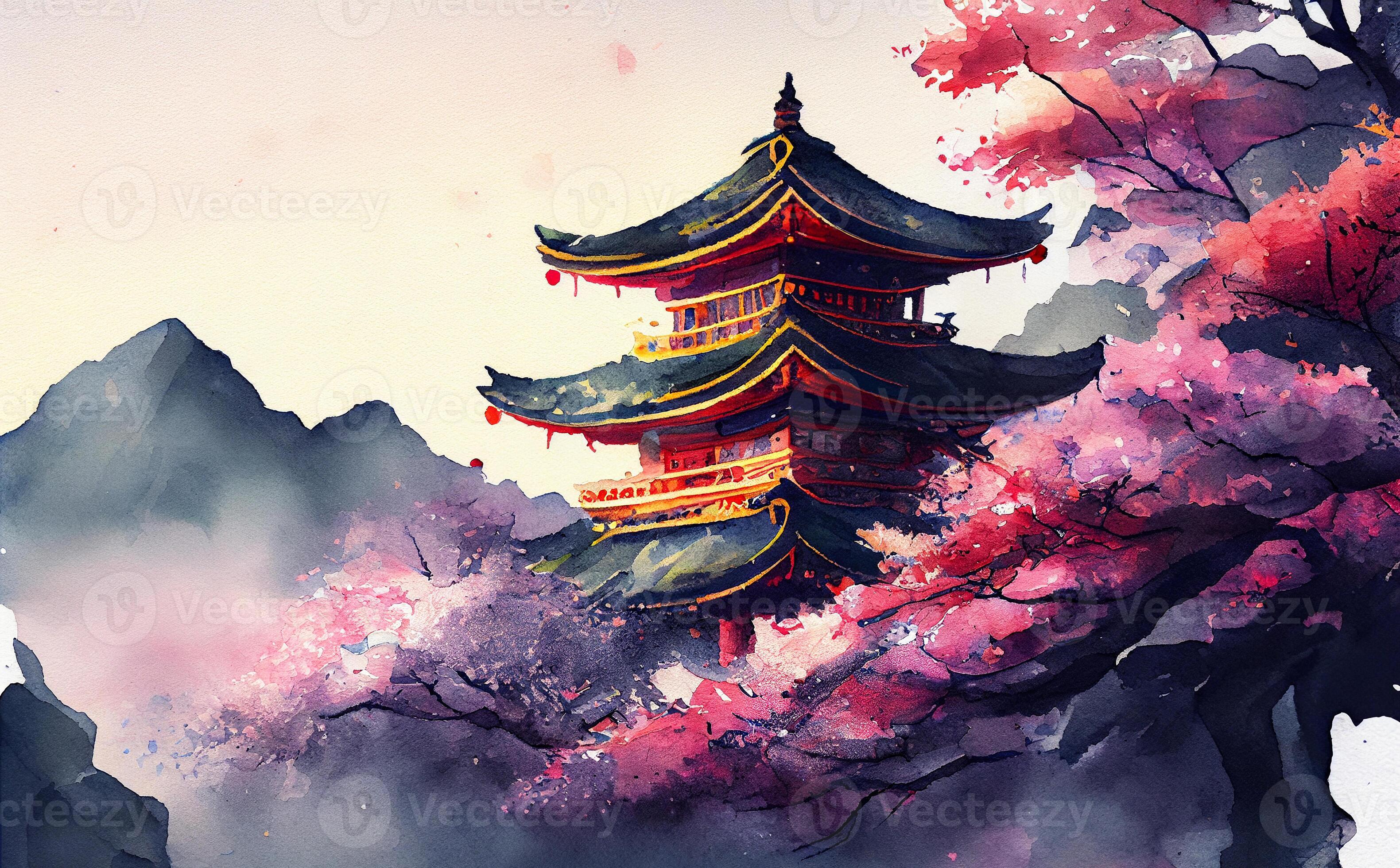 old asia painted in watercolor. Japanese architecture of the 19th ...