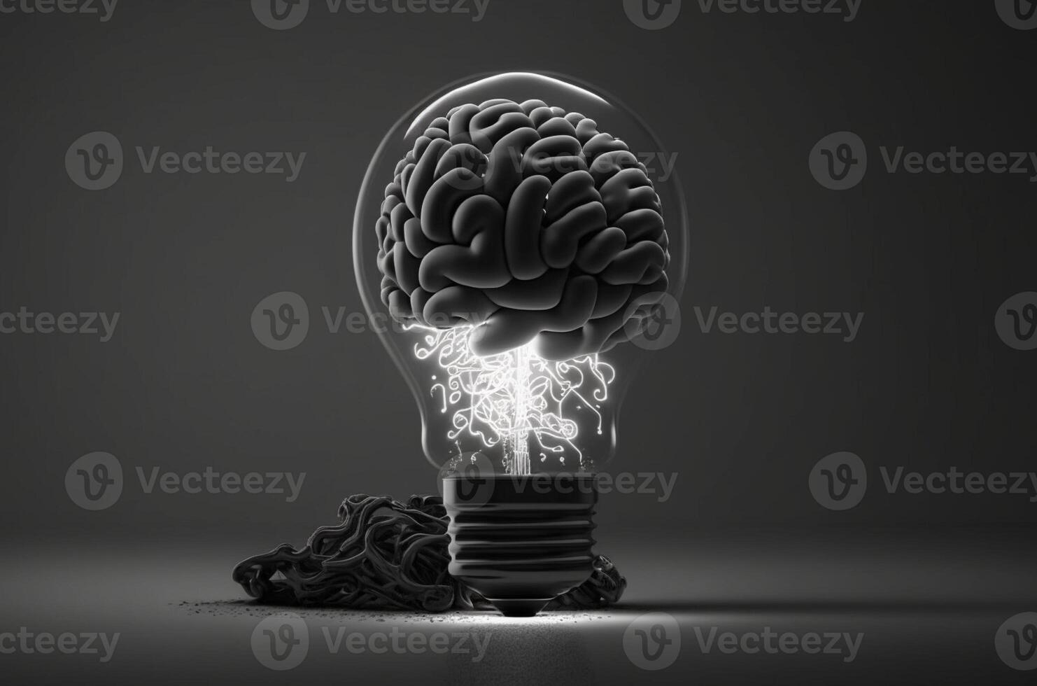 Lightbulb and Human Brain with Inside a lightbulb is a luminous human brain against a dark ...
