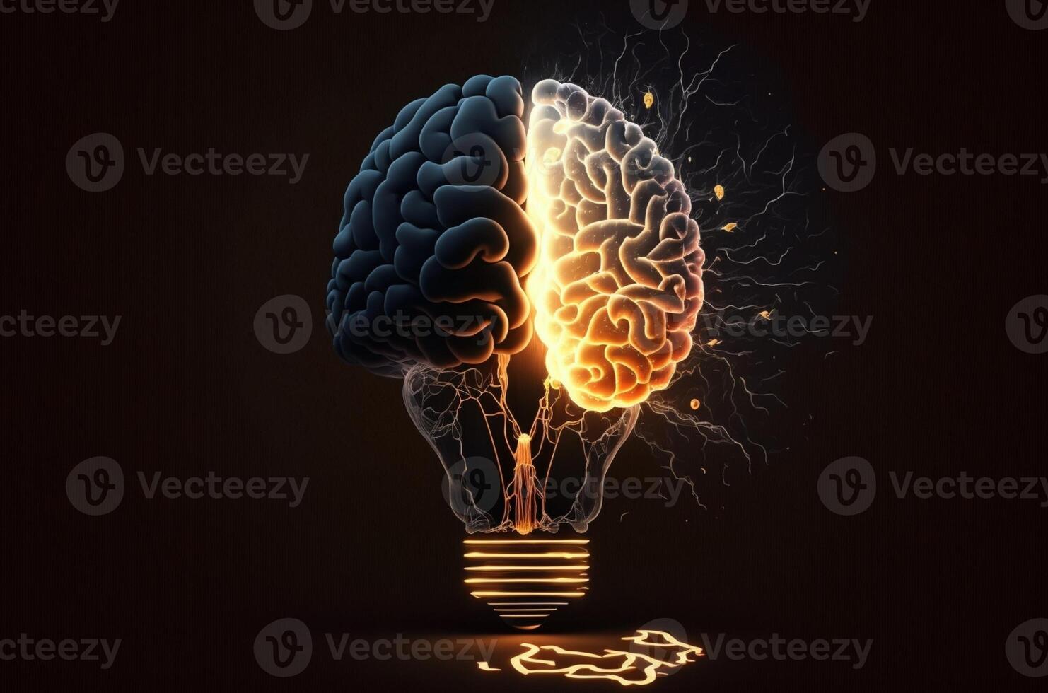 Lightbulb and Human Brain with Inside a lightbulb is a luminous human brain against a dark ...