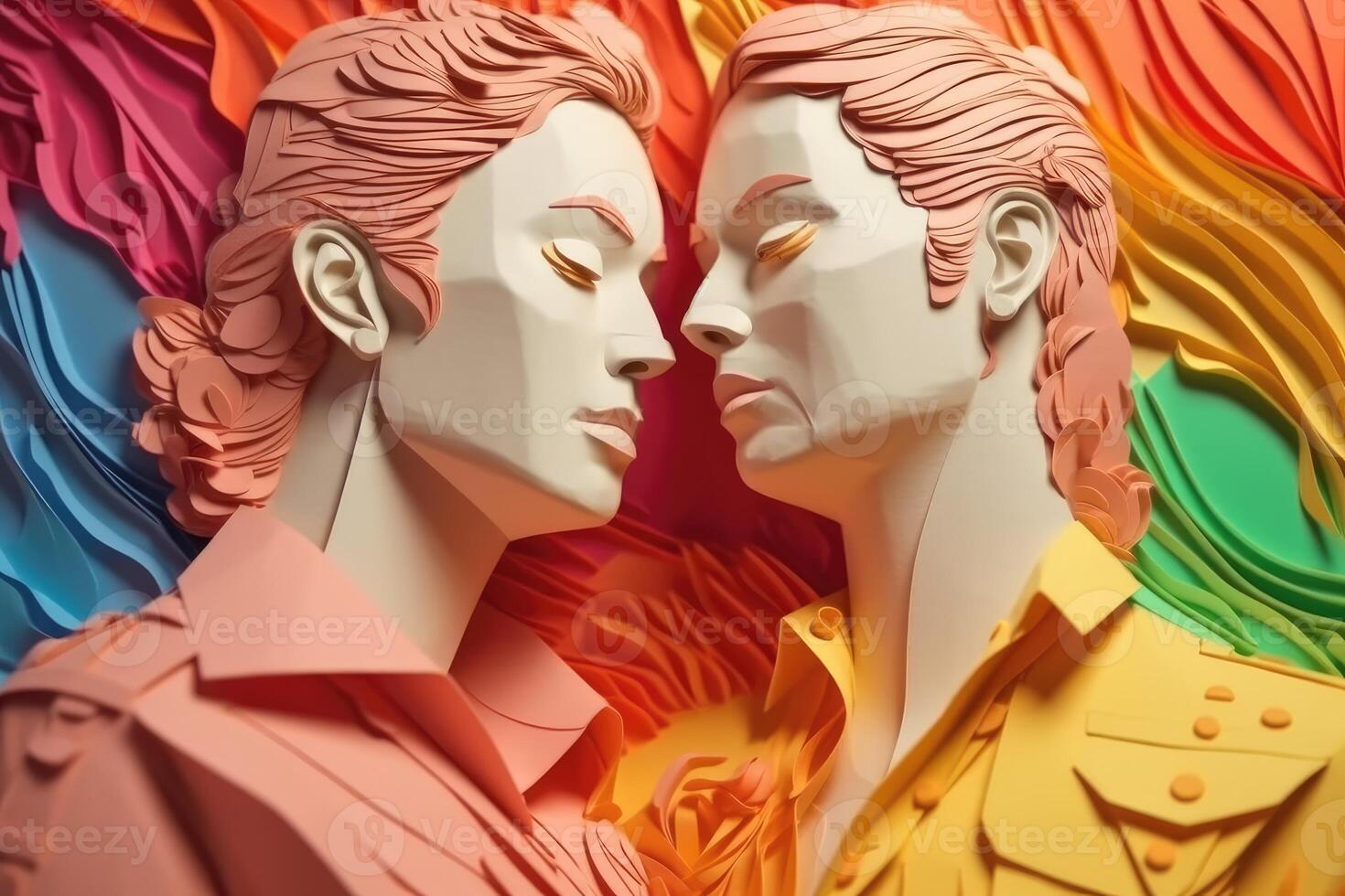 Lesbian Couple Hugging Each Other Illustration In Paper Art Style For