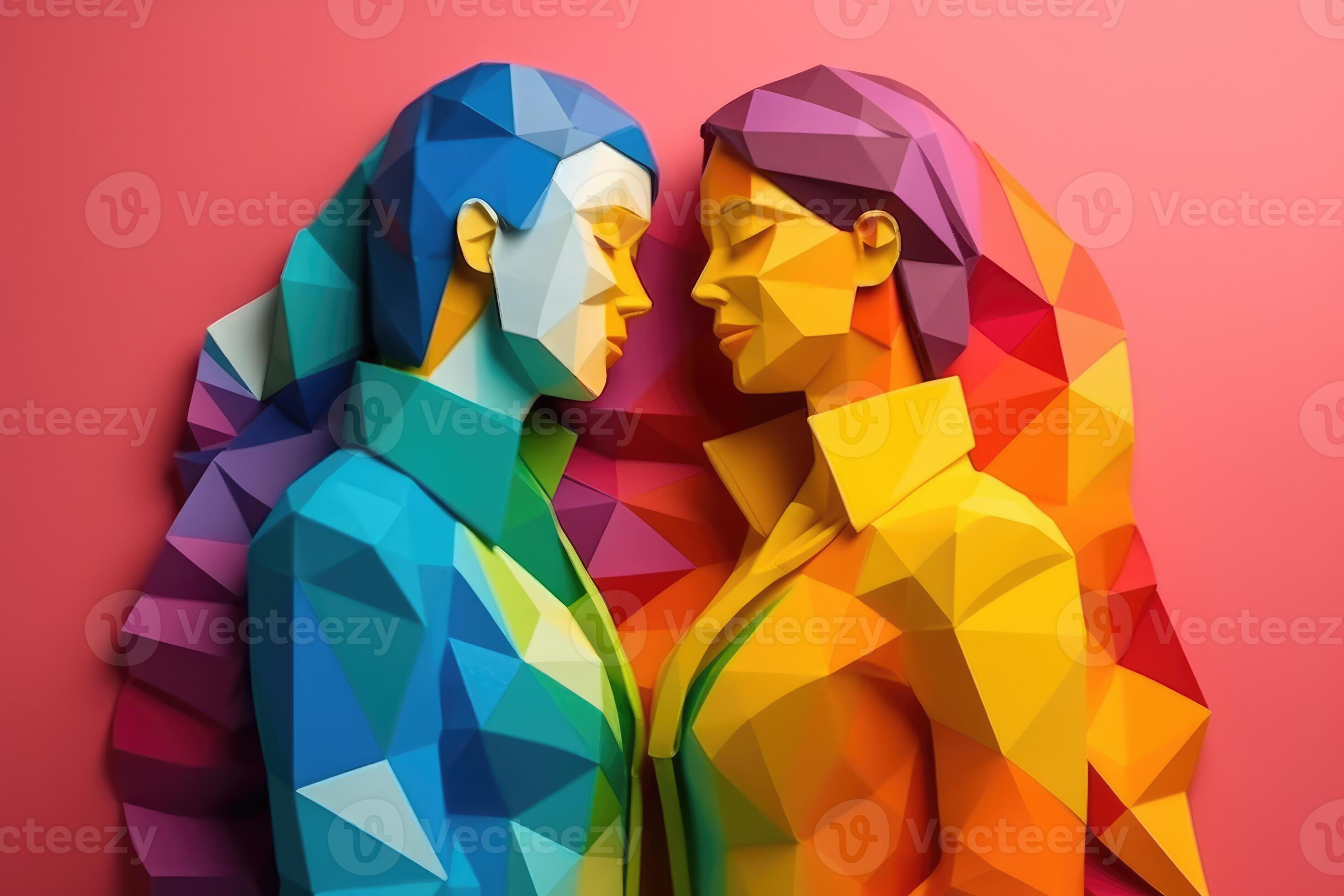 Lesbian Couple Hugging Each Other Illustration In Paper Art Style For