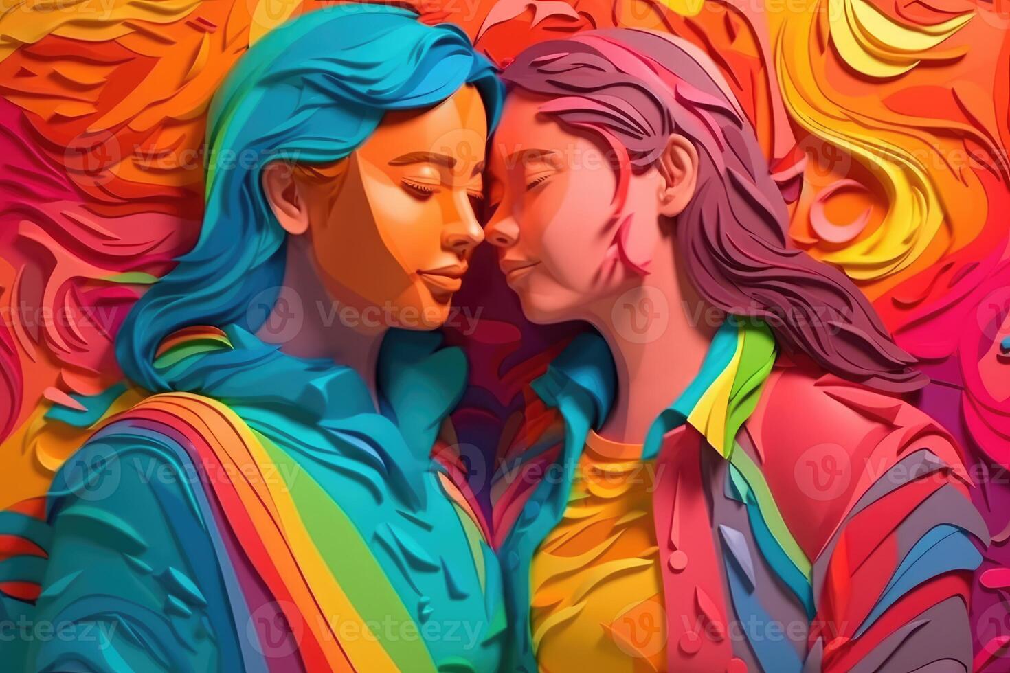 Lesbian Couple Hugging Each Other Illustration In Paper Art Style For
