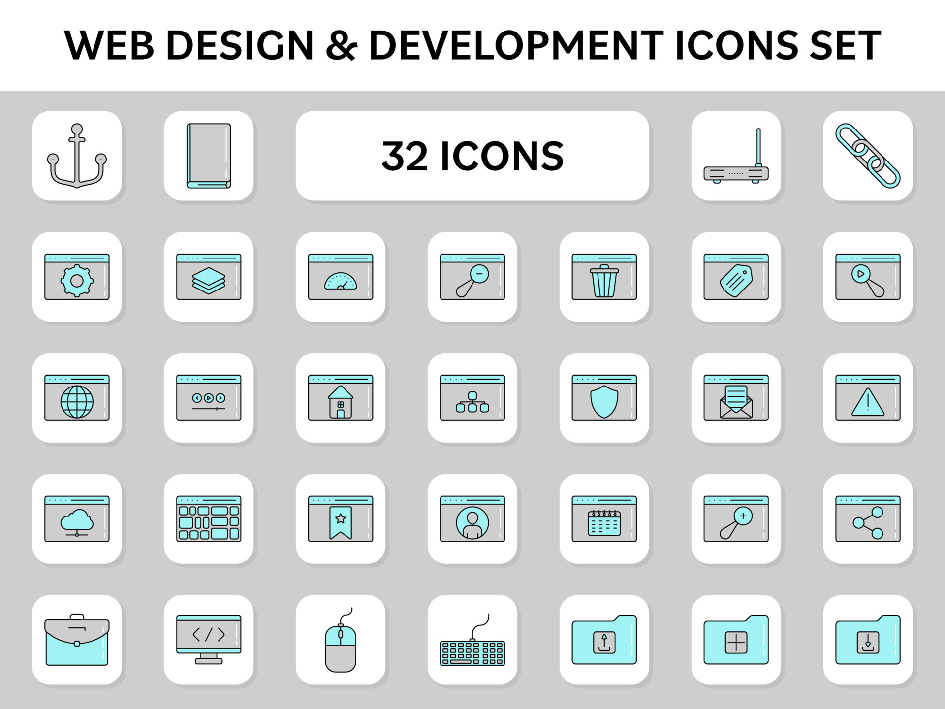 Grey And Turquoise Web Development Icon Set On White Square Background ...