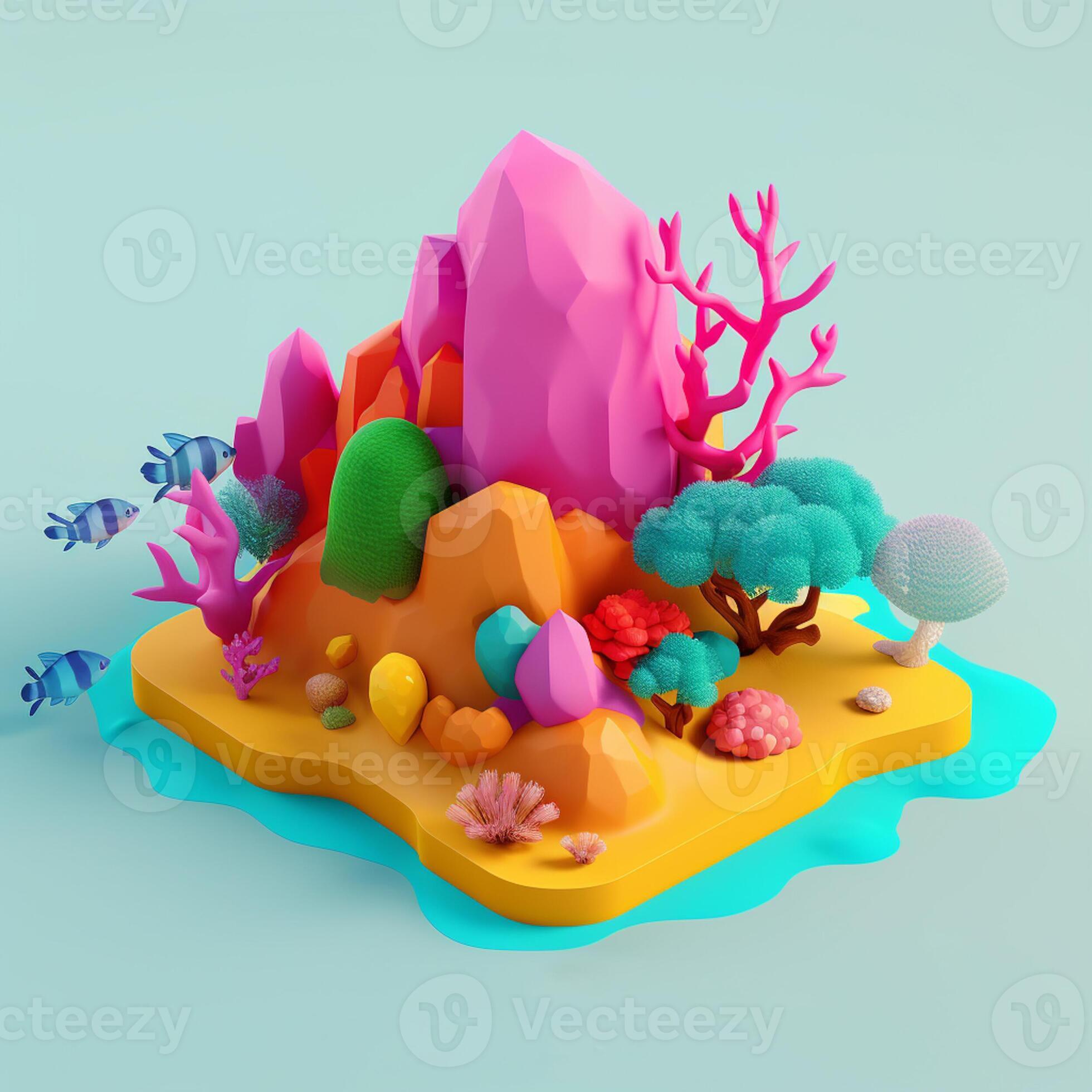 An island in the sea in an isometric view in trending color palette for advertising with ...