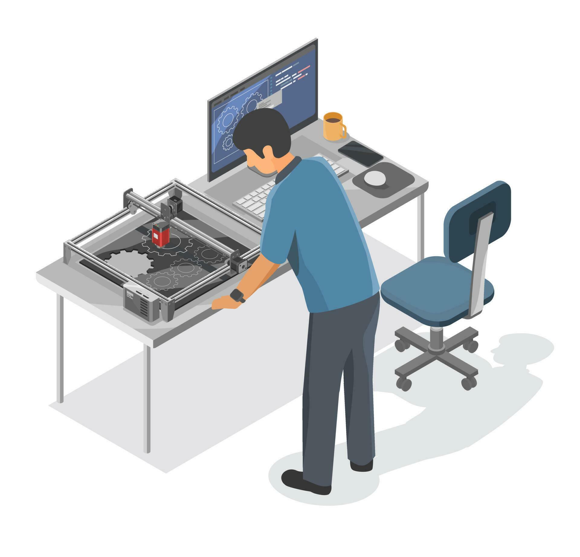 Young Engineer use Laser cutter Engraver mini cnc machine in R and D ...