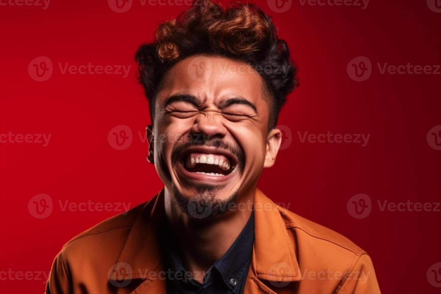 a man on solid color background photoshoot with Laugh face experession ...