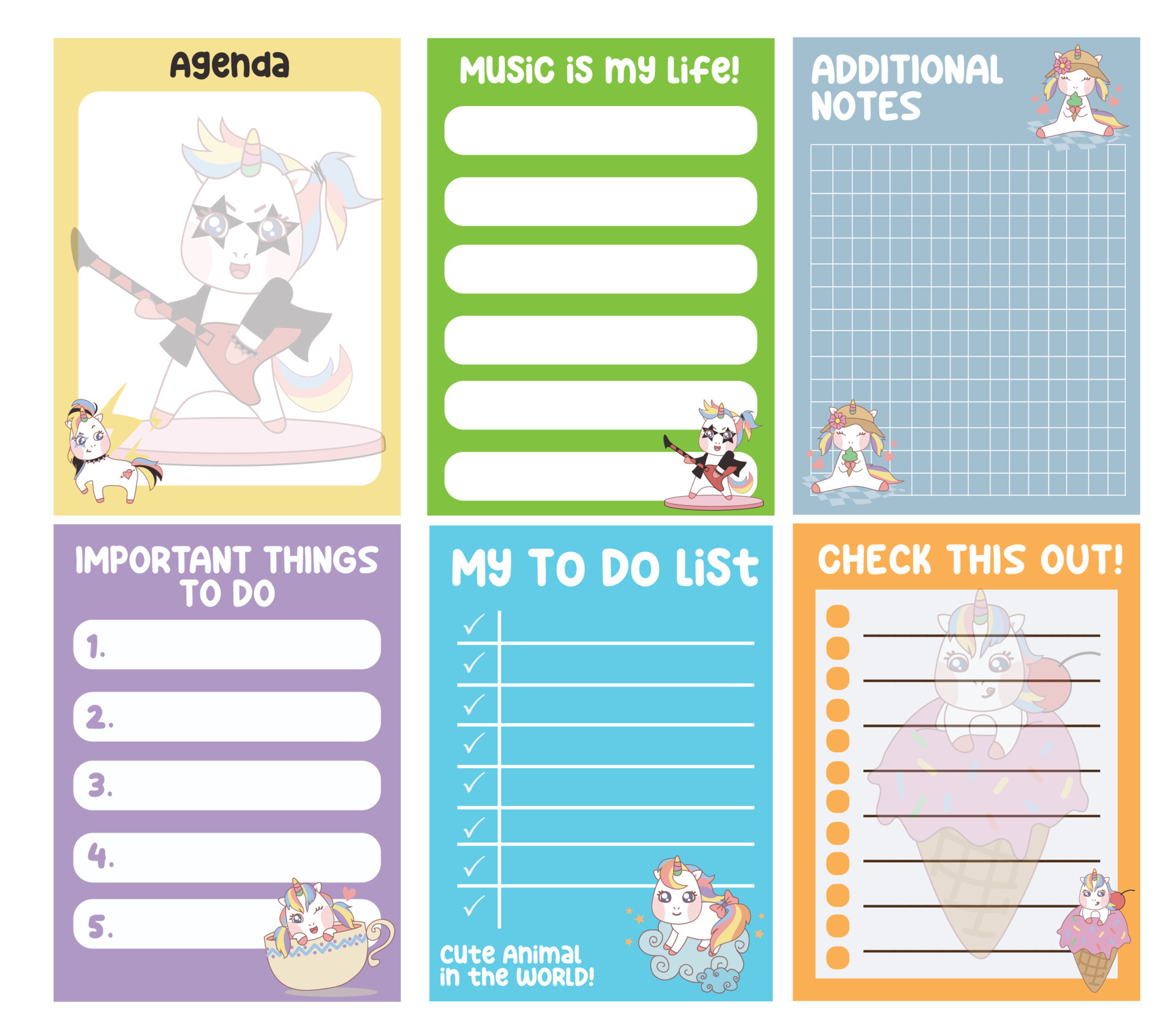 Beautiful planner template with unicorn theme. Kids stationery set with ... Beautiful planner template with unicorn theme. Kids stationery set with ...