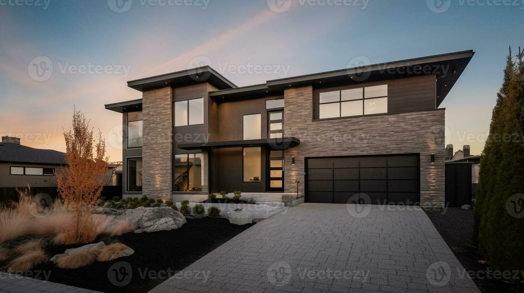 AI Generative Exterior of modern luxury house with garden and beautiful ...