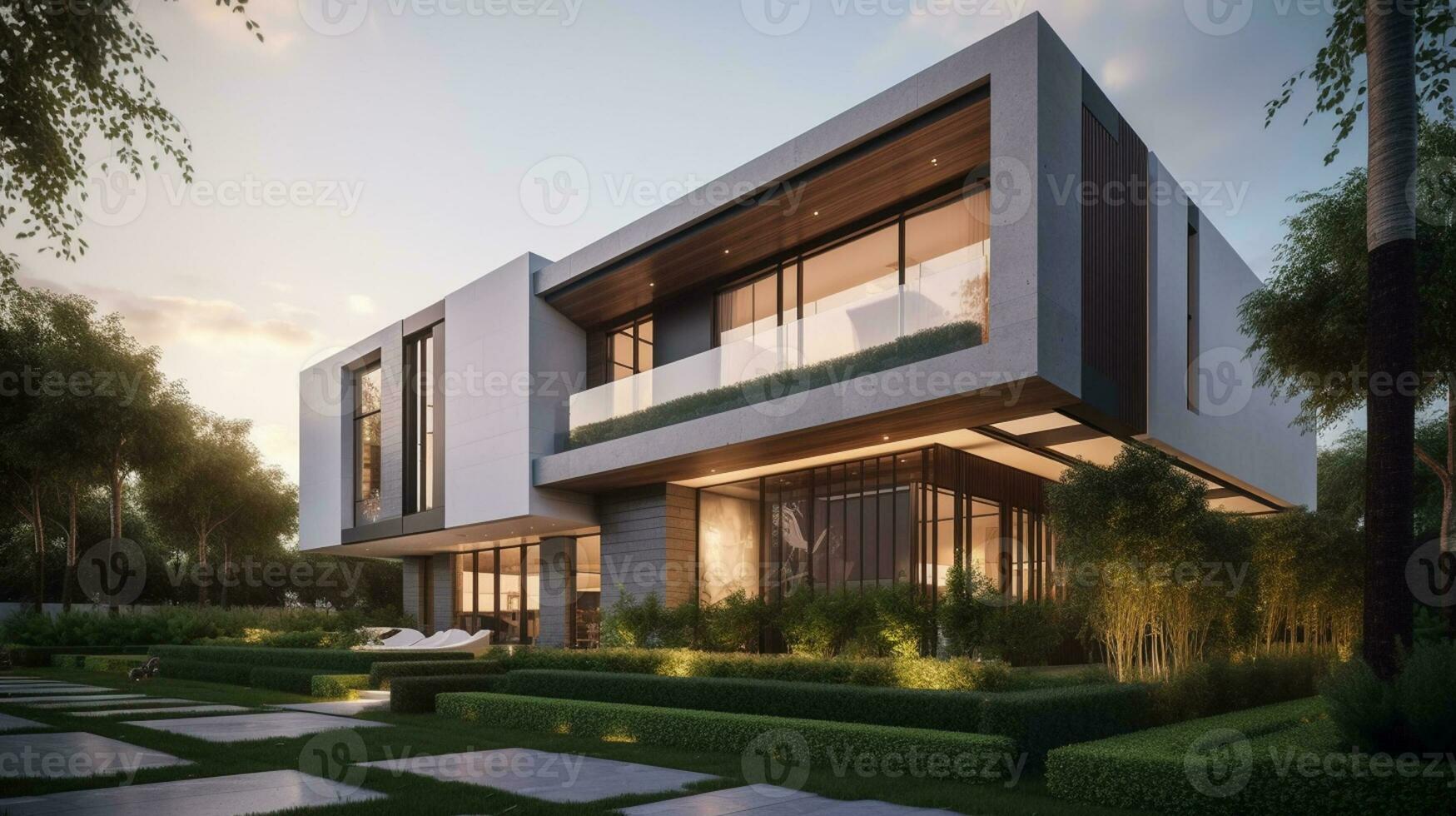 AI Generative Exterior of modern luxury house with garden and beautiful ...