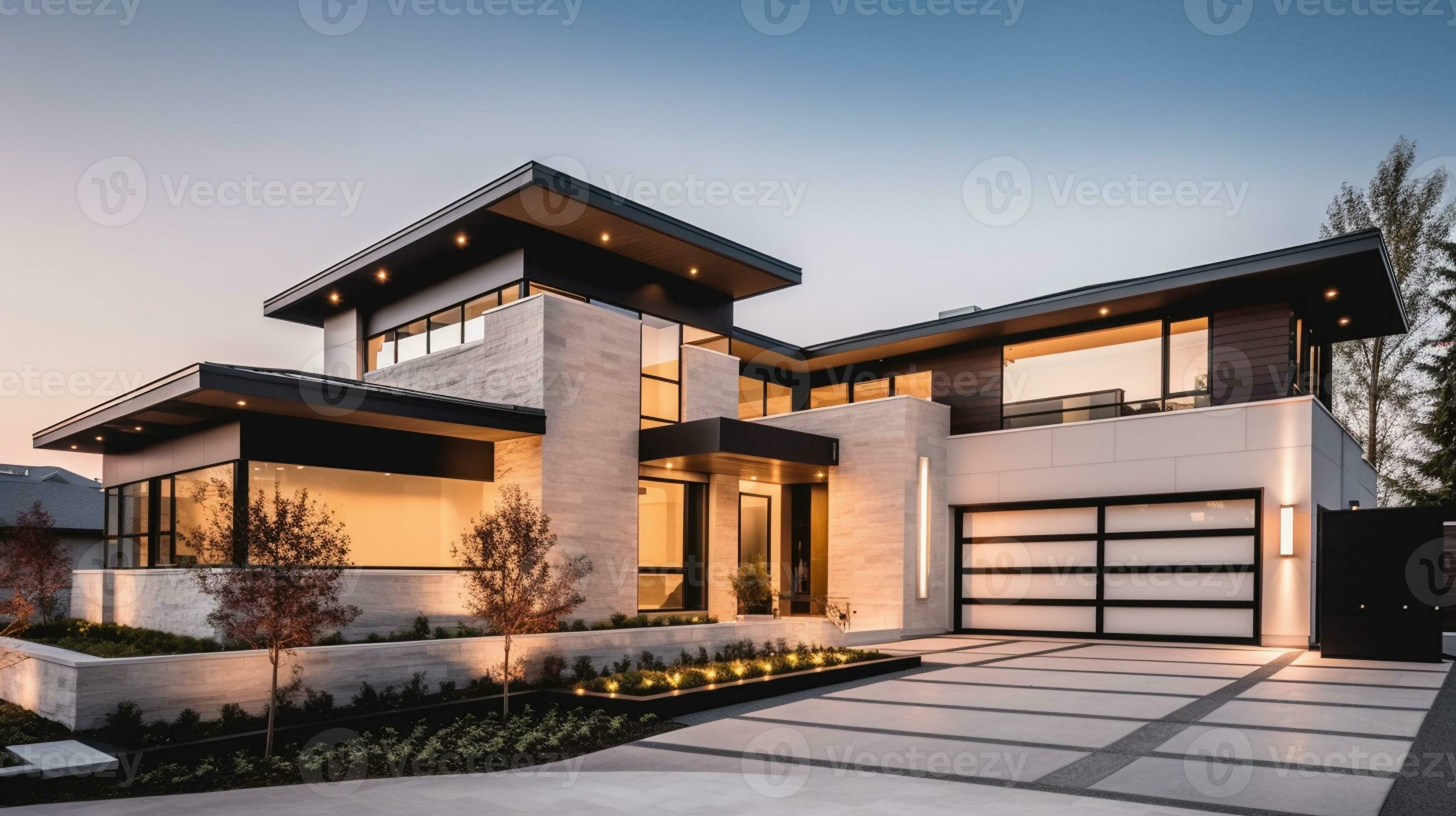 AI Generative Exterior of modern luxury house with garden and beautiful ... AI Generative Exterior of modern luxury house with garden and beautiful ...