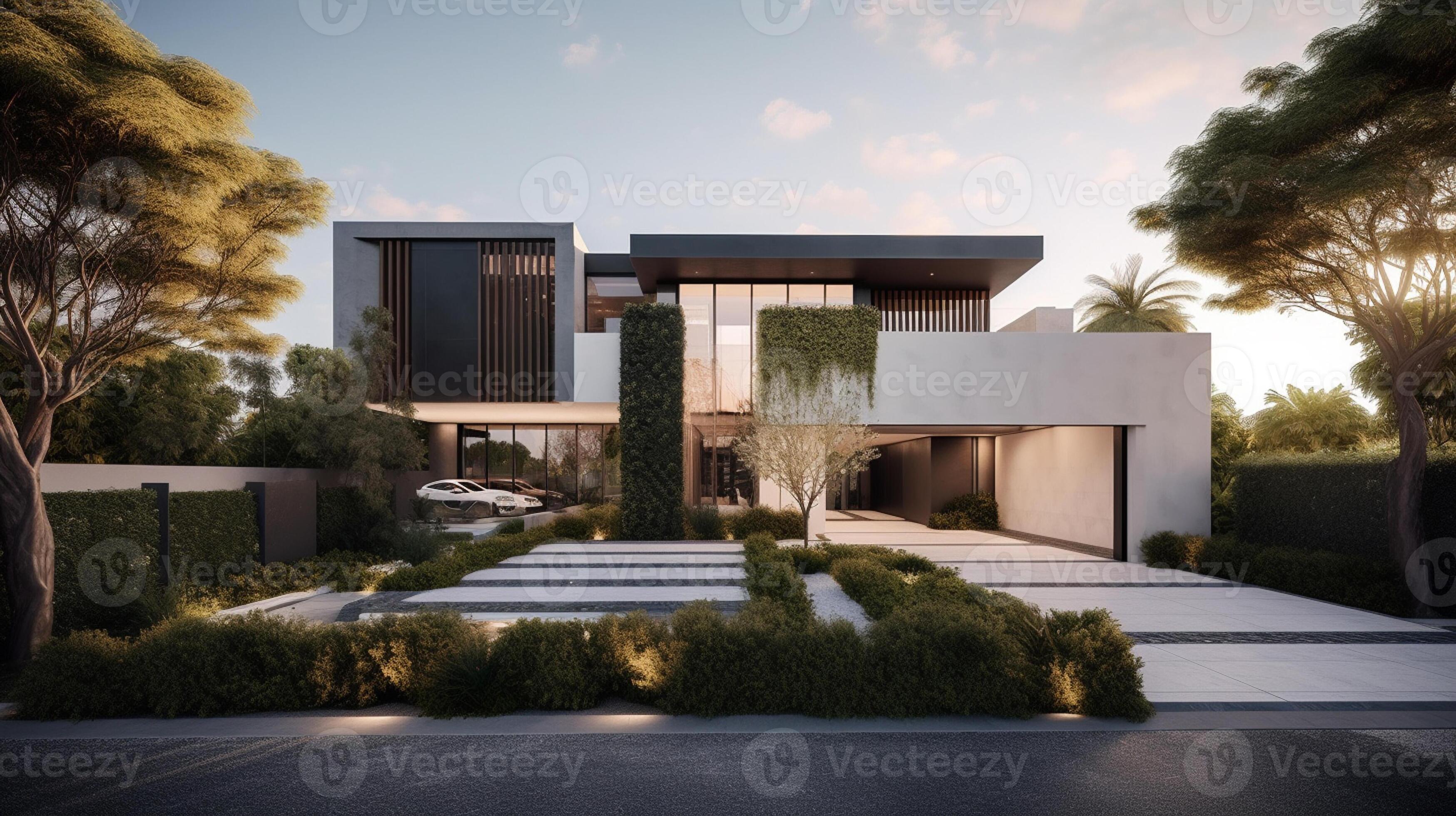 Exterior of modern luxury house with garden and beautiful sky 23309612 ...