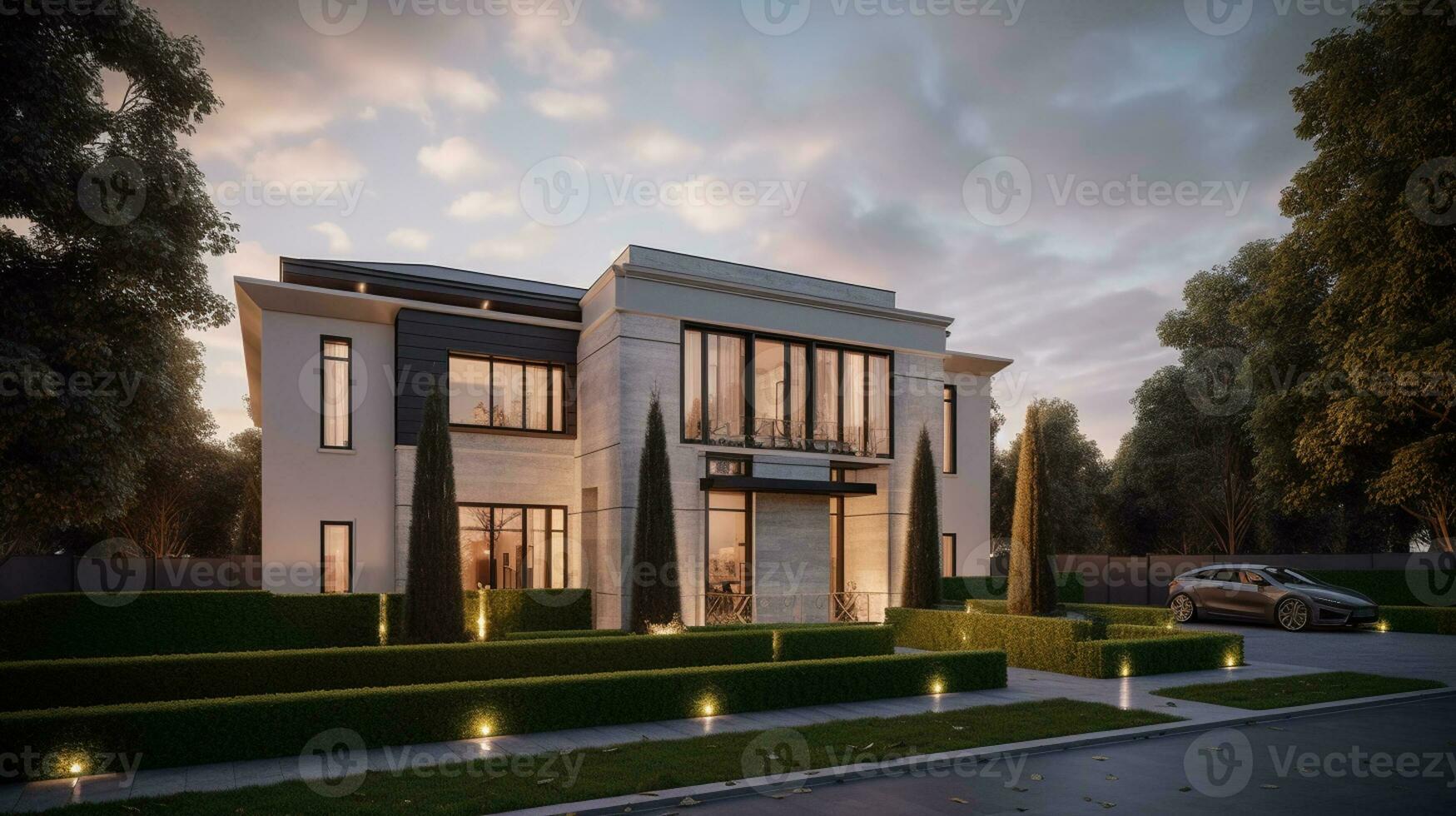 AI Generative Exterior of modern luxury house with garden and beautiful ...