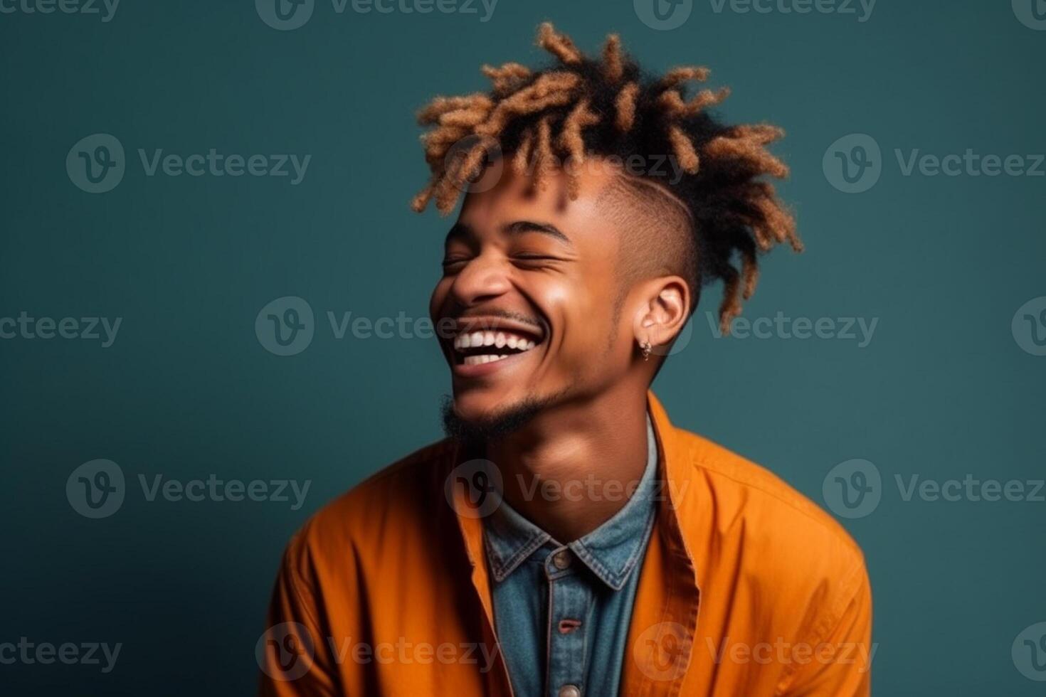 a man on solid color background photoshoot with Laugh face experession ...