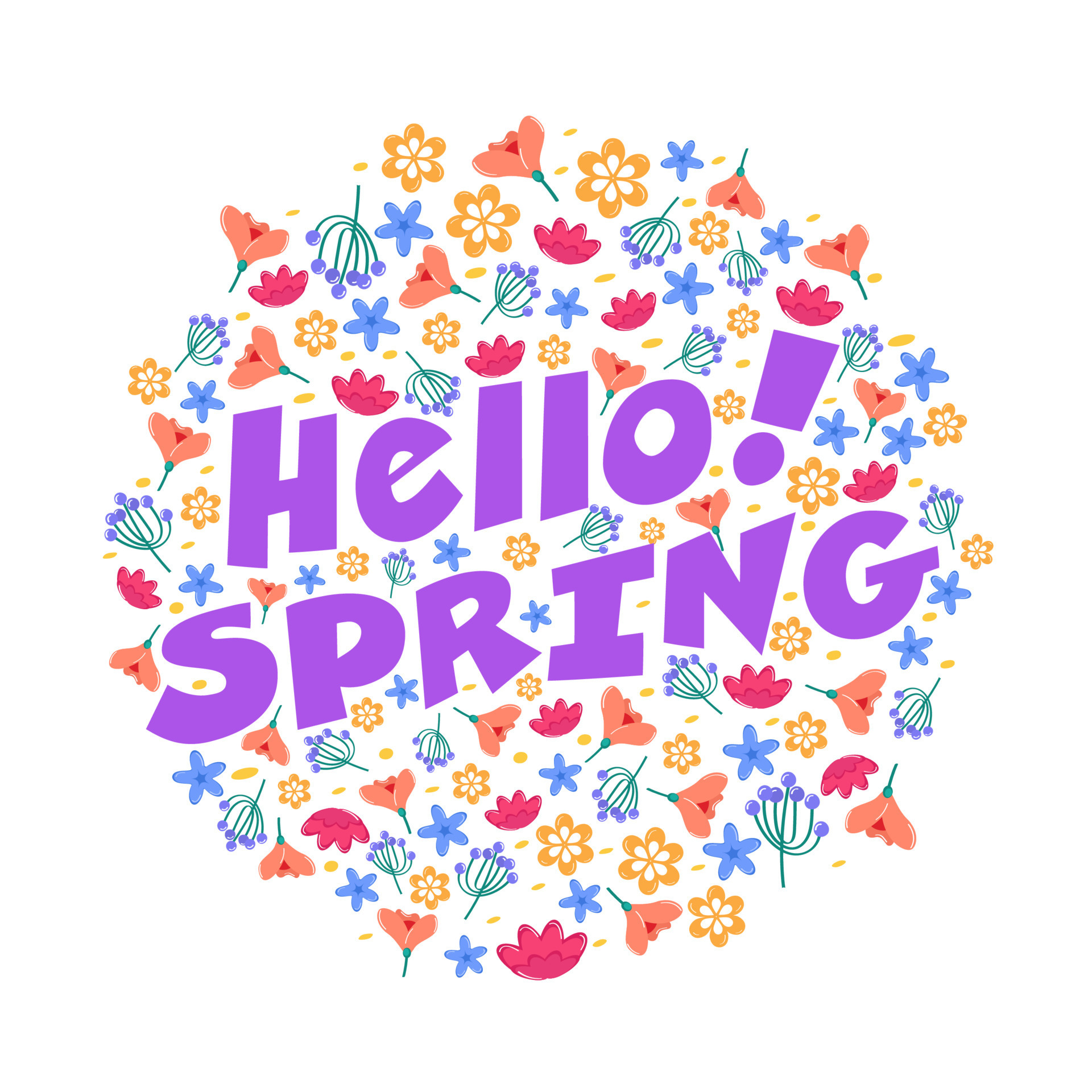 Purple Hello Spring Text Over Colorful Floral In Circular Shape On ...