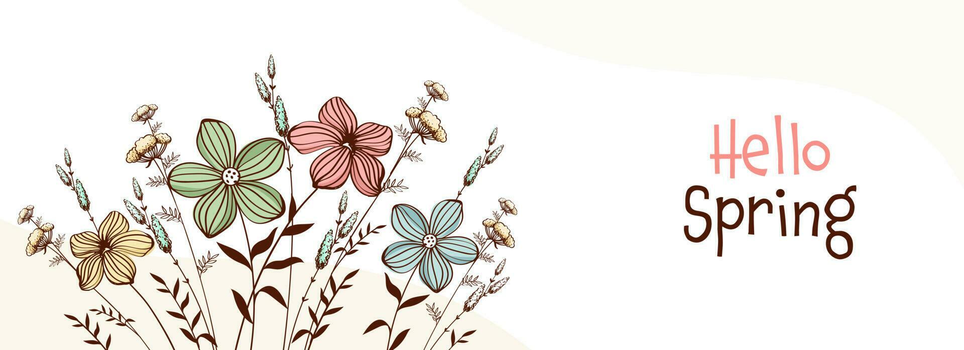 Hello Spring Banner Or Header Design Decorated With Beautiful Floral On White Background ...