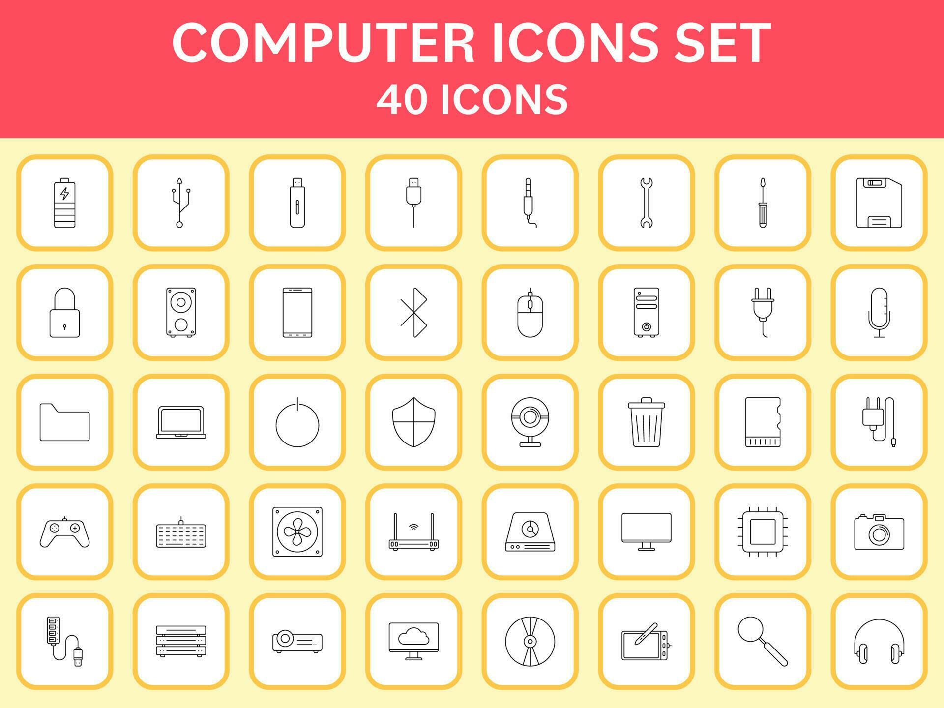 Computer Or Mobile Tool Application Line Art Icon Set On Square ...