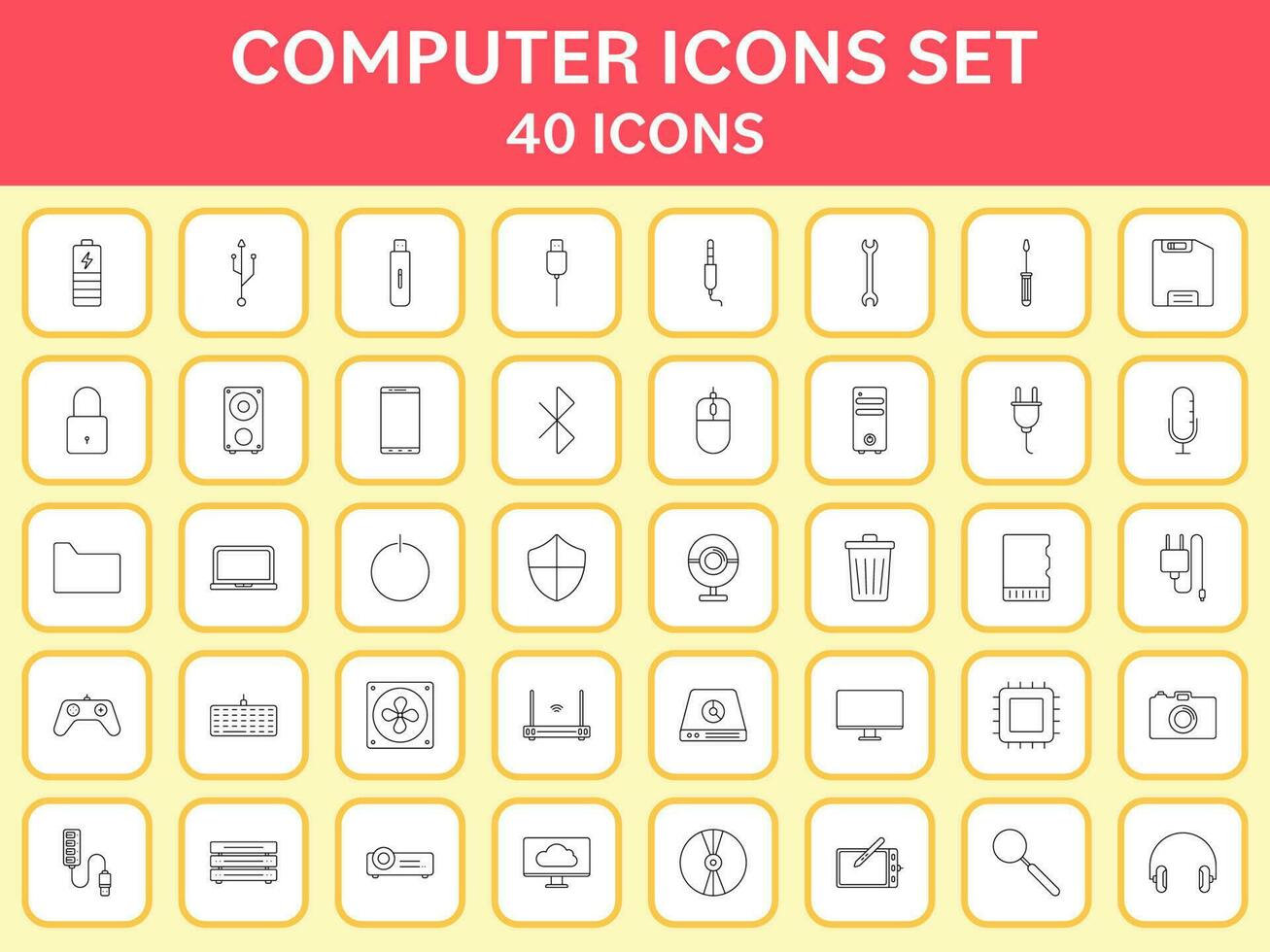 Computer Or Mobile Tool Application Line Art Icon Set On Square ...