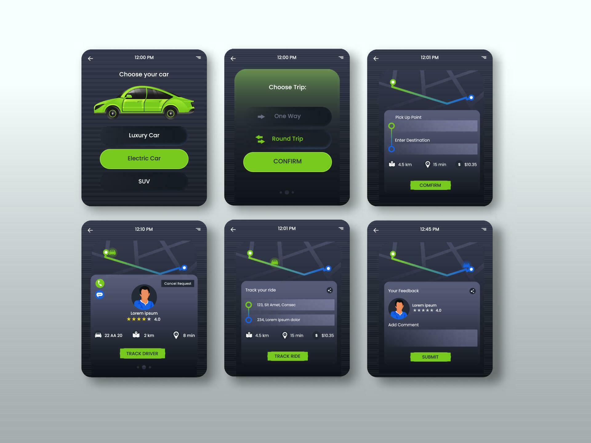 Cab booking app UI, UX screens for smart watches with cab tracking and driver details features ...