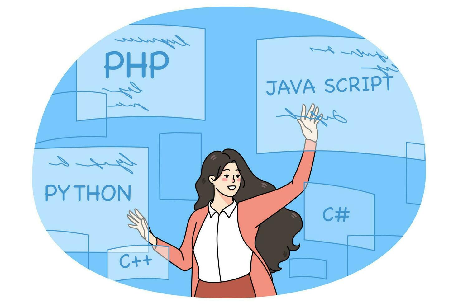 Woman Coder Programming With Computer Languages 23319860 Vector Art At Vecteezy