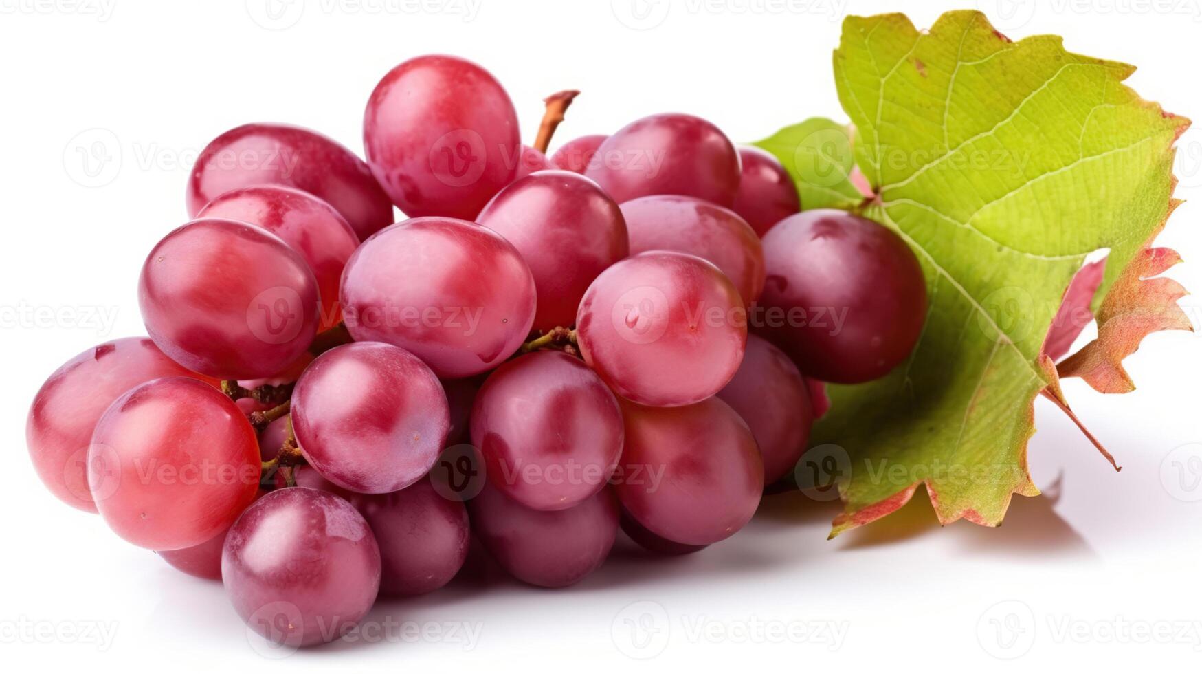 Ripe red grape. Pink bunch with leaves isolated on white. With clipping path. Full depth of ...